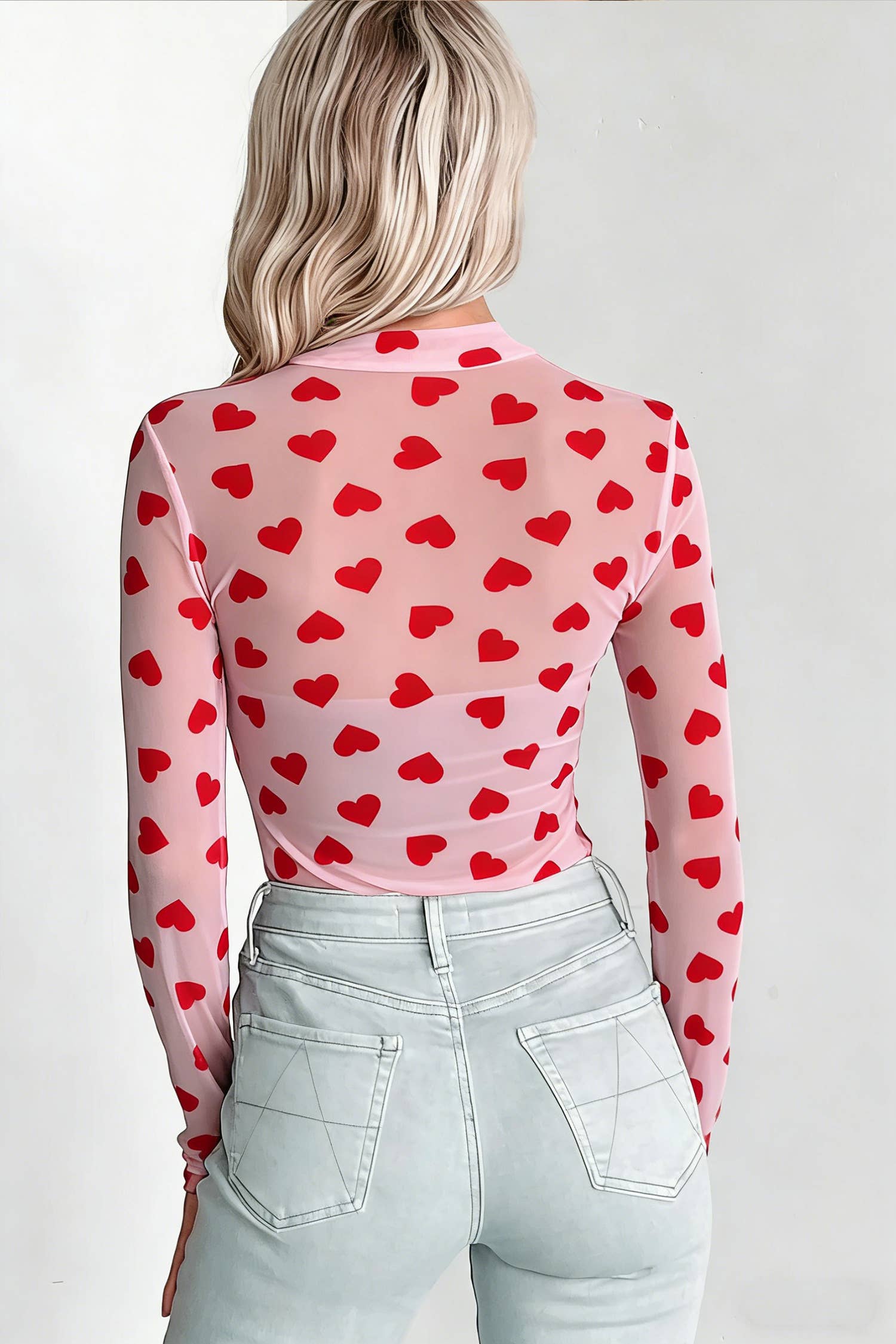 Wholesale Valentines Heart Mock Neck Sheer Mesh Long Sleeve Top (S-XL ...