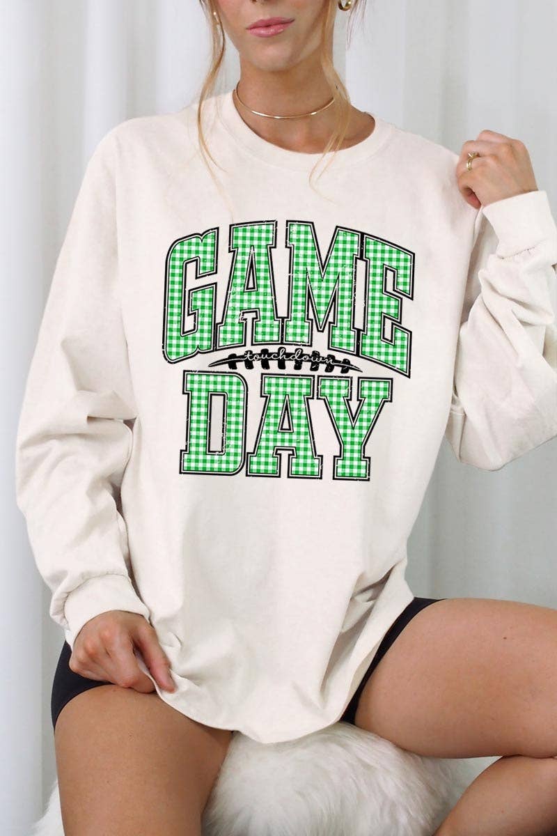 Wholesale Green Gingham Game Day Graphic Long Sleeve Tee for your store ...
