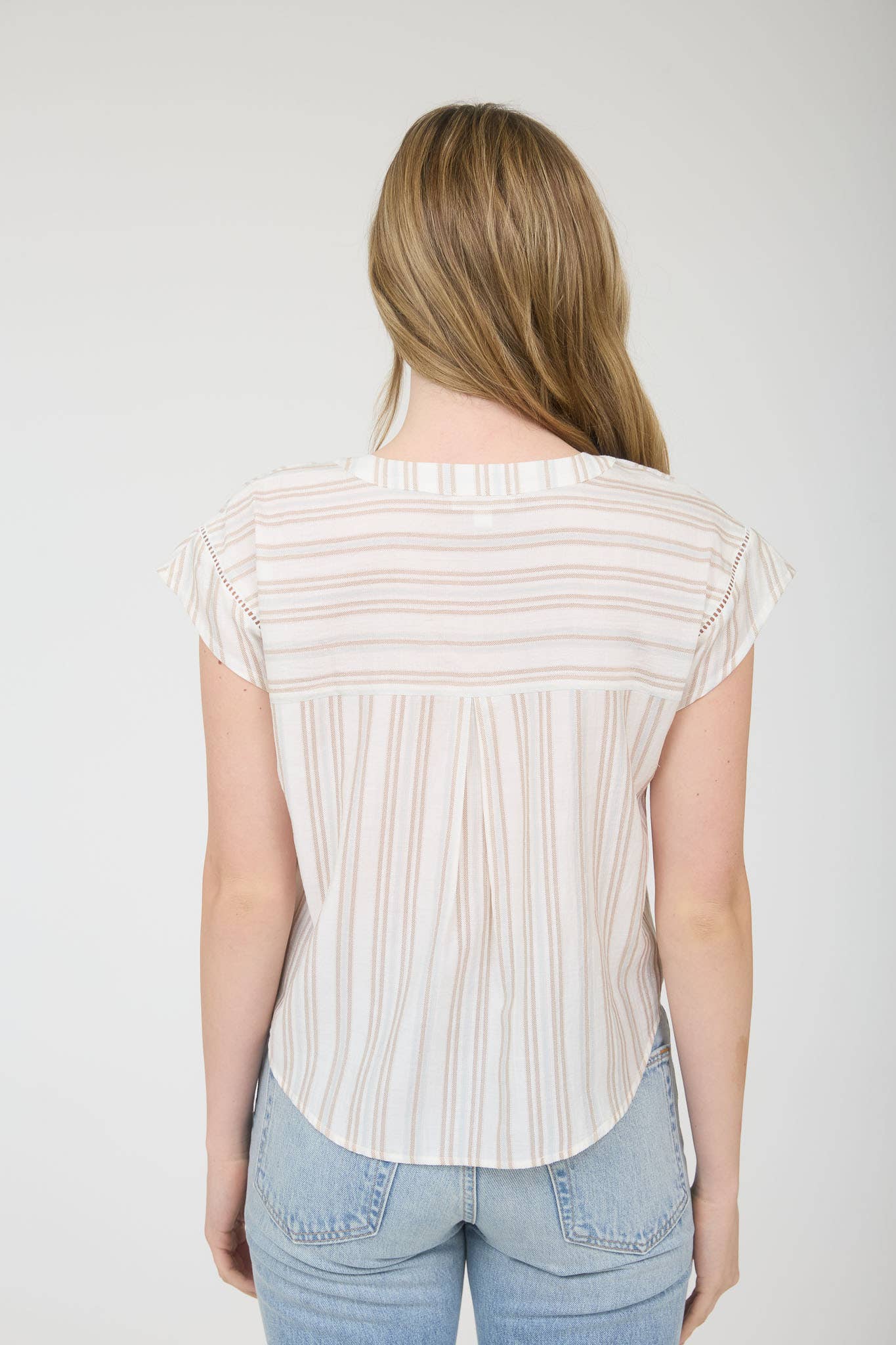 Wholesale STRIPE HALF BUTTON LADDER LACE TRIM TOP for your store - Faire