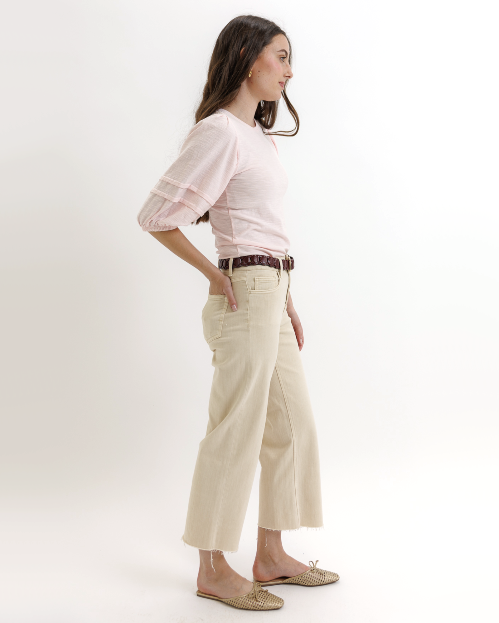 Wholesale Adagio Crew Neck Puff Sleeve Top in Pink for your store - Faire