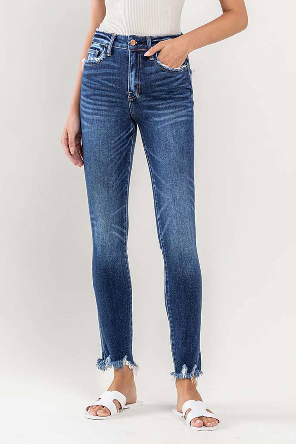 Wholesale HIGH RISE DESTROYED HEM ANKLE SKINNY JEANS F4018 for your ...