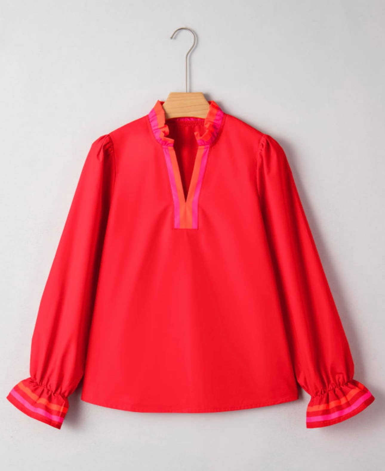 Wholesale Fiery Red Striped Trim Ruffle Split Neck Long Sleeve Blouse ...
