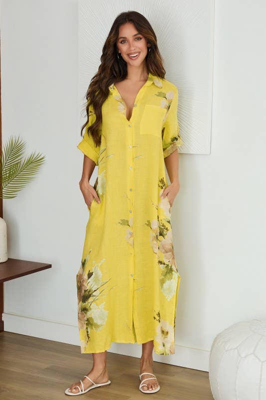 Wholesale BUTTON DOWN MAGNOLIA FLOWERS LINEN DRESS (5-42-MAGNOLIA) for ...