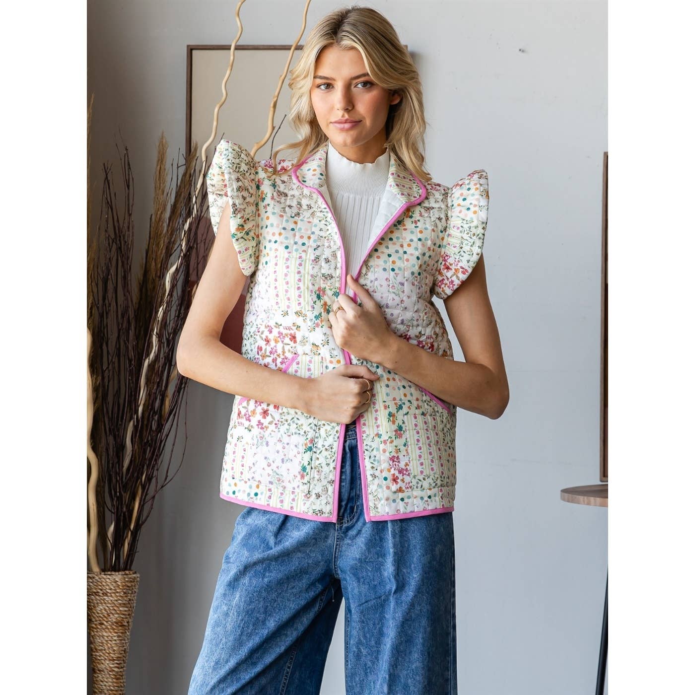 Wholesale Ruffle Shoulder Quilted Open Vest for your store - Faire