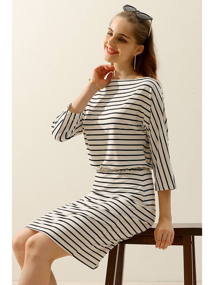 Wholesale BOAT NECK LONG SLEEVE DRAWSTRING KNEE MIDI DRESS for your ...