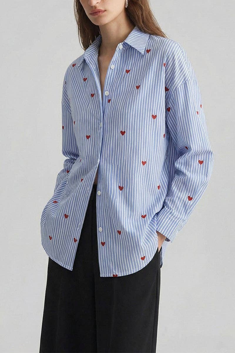Wholesale Heart Pattern Striped Oversized Blouse for your store - Faire