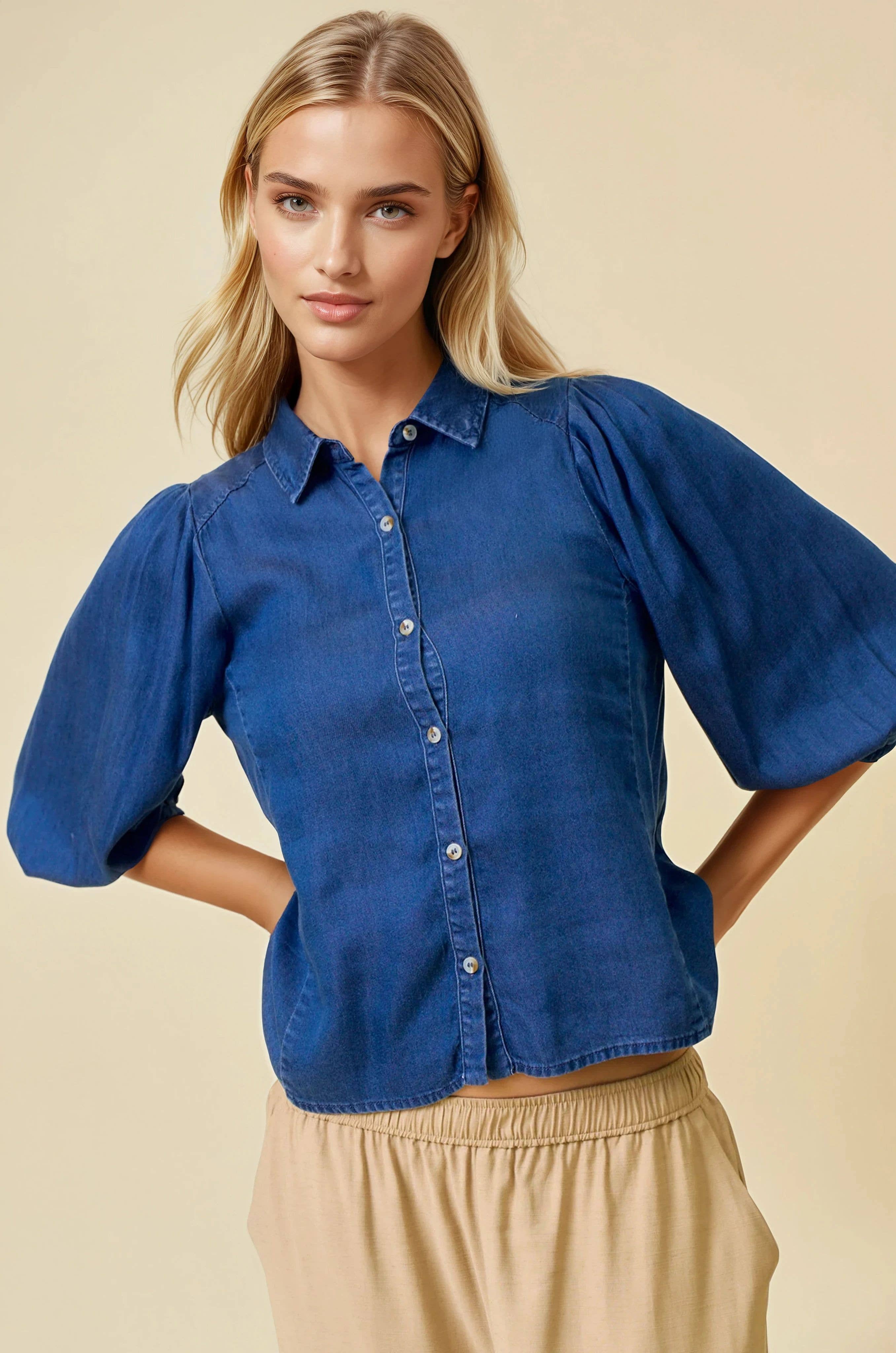 Wholesale TENCEL CHAMBRAY PLEATS DETAIL PUFF SLEEVE SHIRT - 45541T for ...