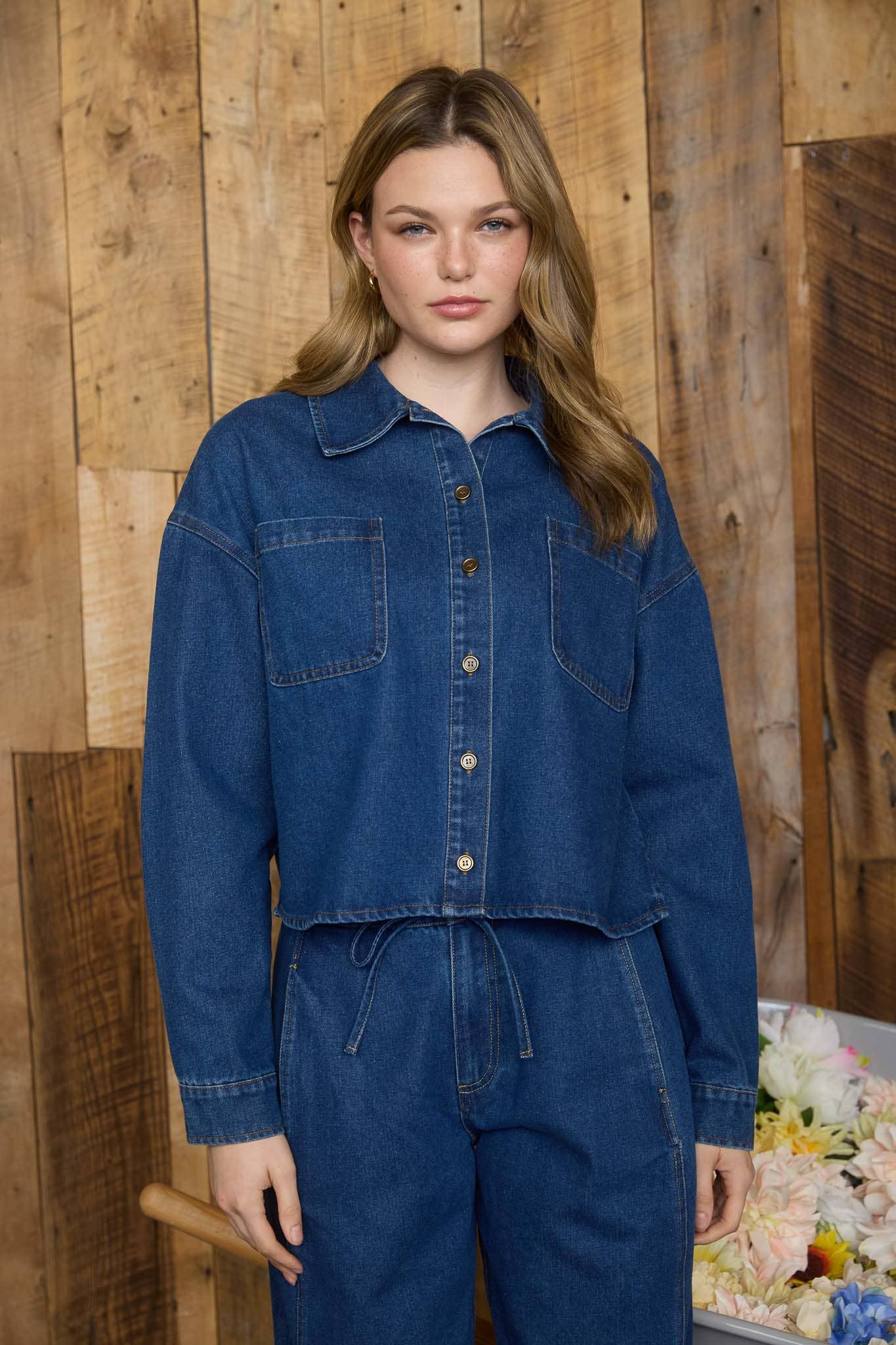 Wholesale COLLARED BUTTON DOWN CROPPED DENIM JACKET for your store - Faire
