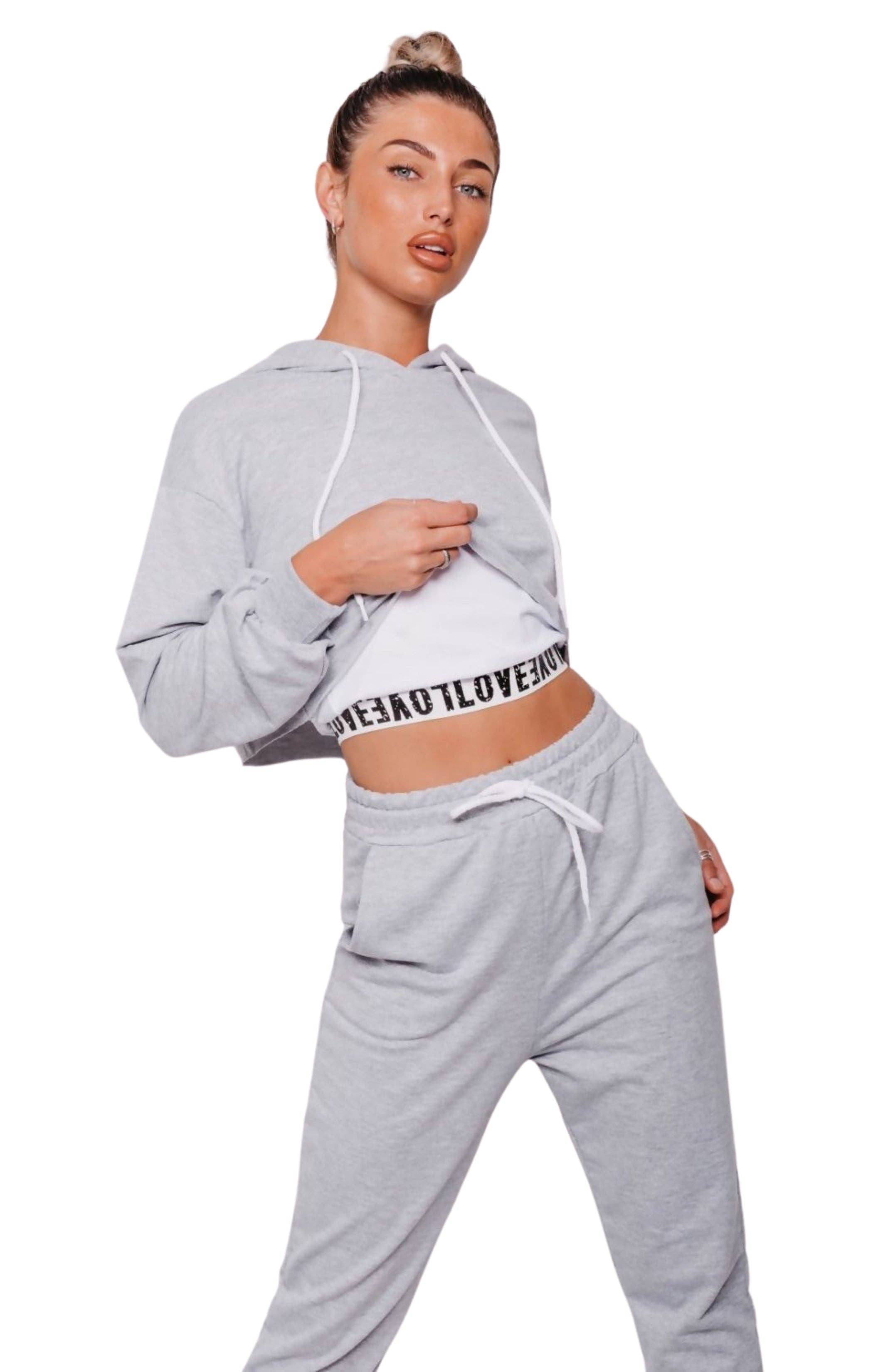 Wholesale Grey Love Crop Hoodie and Jogger Three Piece Set- Janey for ...