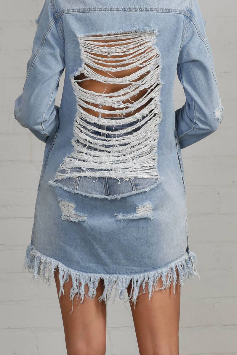 Wholesale Long Frayed Hem Ripped Denim Shirt Dress for your store - Faire