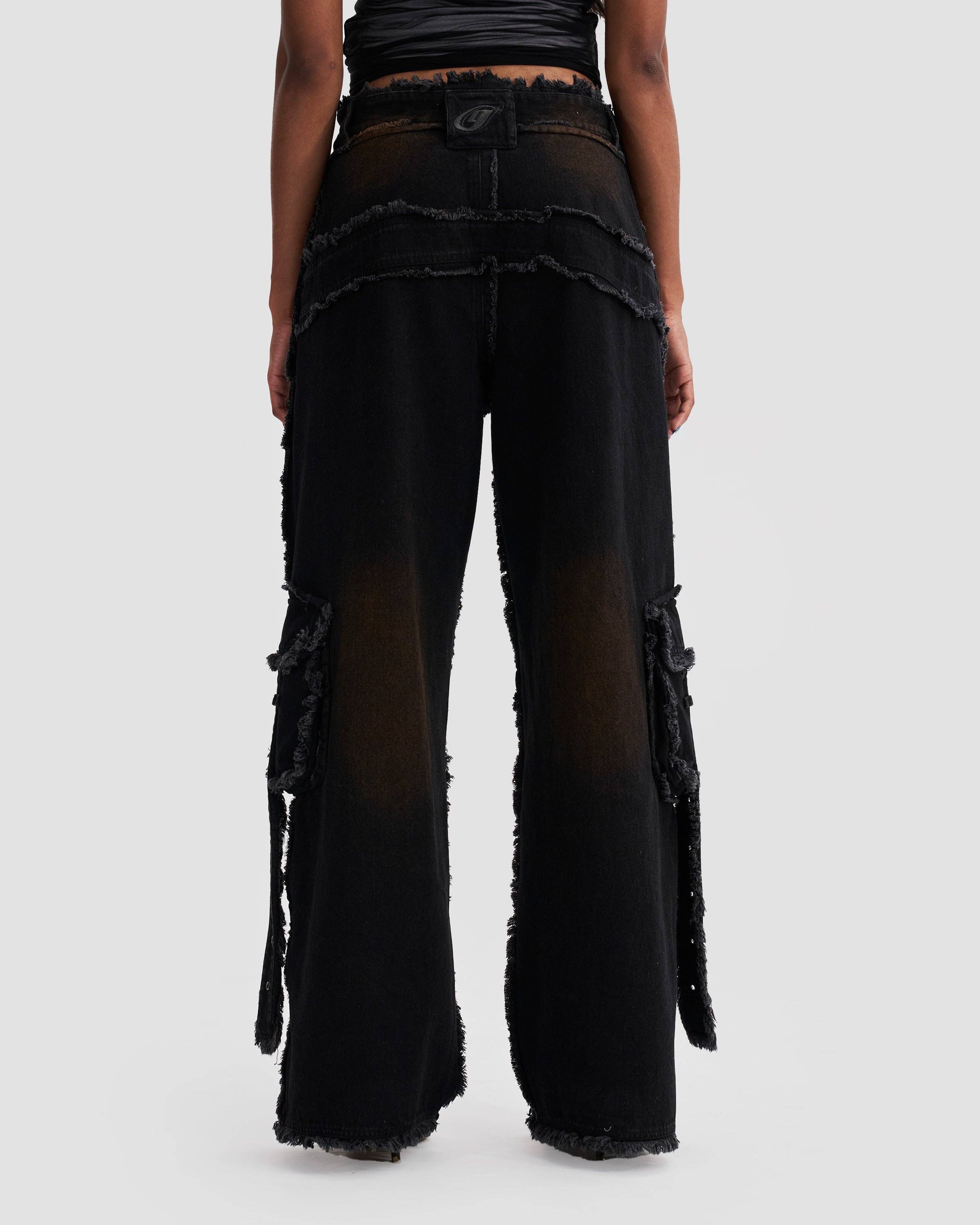 Wholesale Low Rise Baggy Cargo Jeans with Straps in Rust Washed Black ...