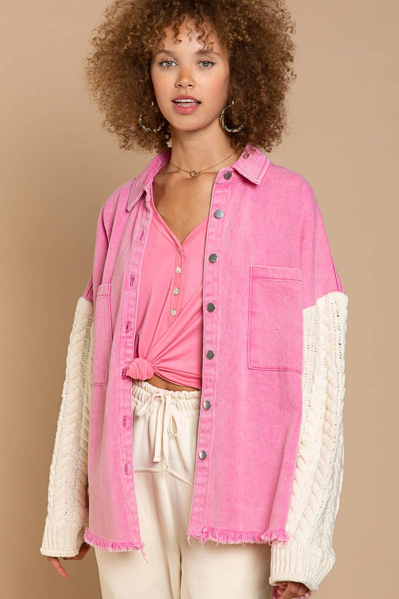 Wholesale Contrast sweater sleeve button down collared shacket for your ...