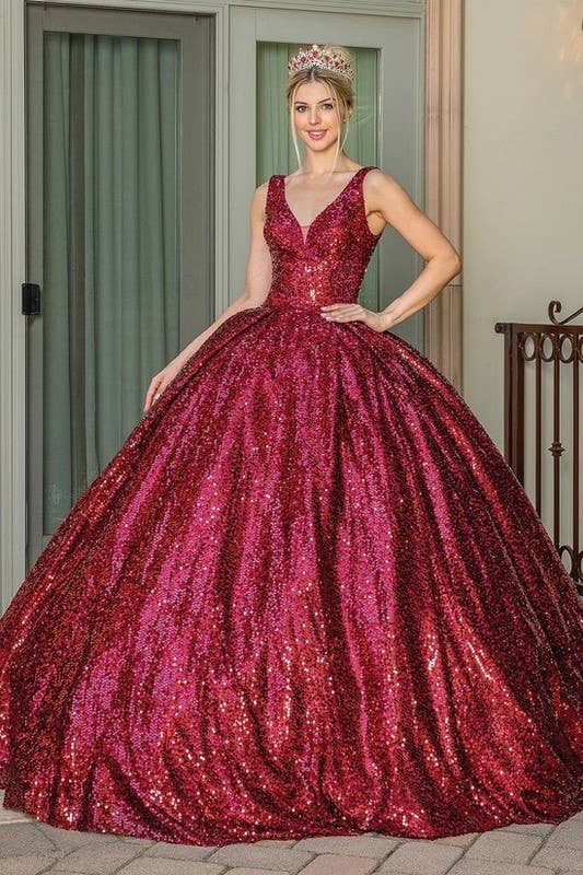 Wholesale Sequined V-Neck Ball Gown with Regal Tiara for your store - Faire