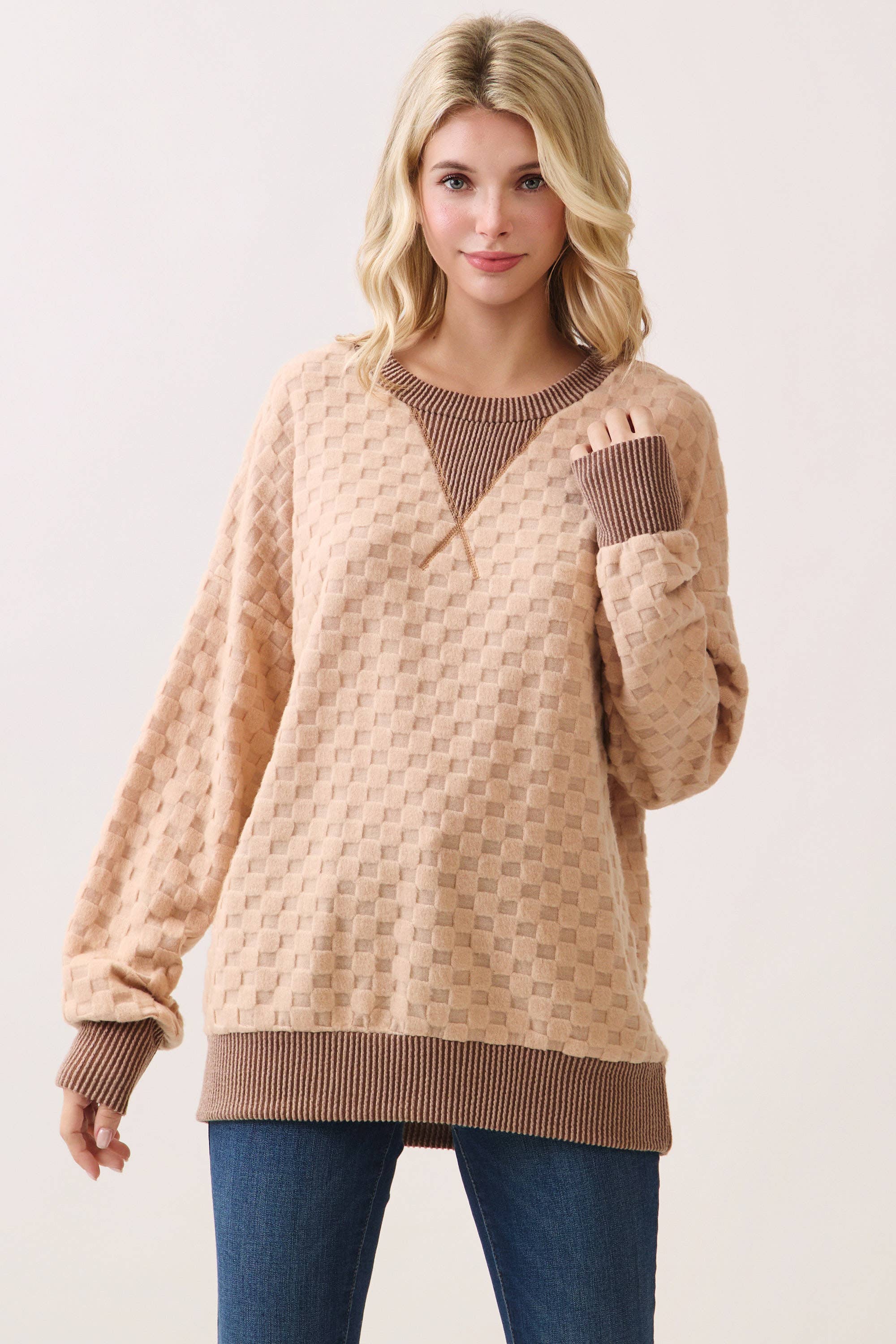 Wholesale Soft Textured Checker Knit Pullover Sweatshirt T6138 for your ...