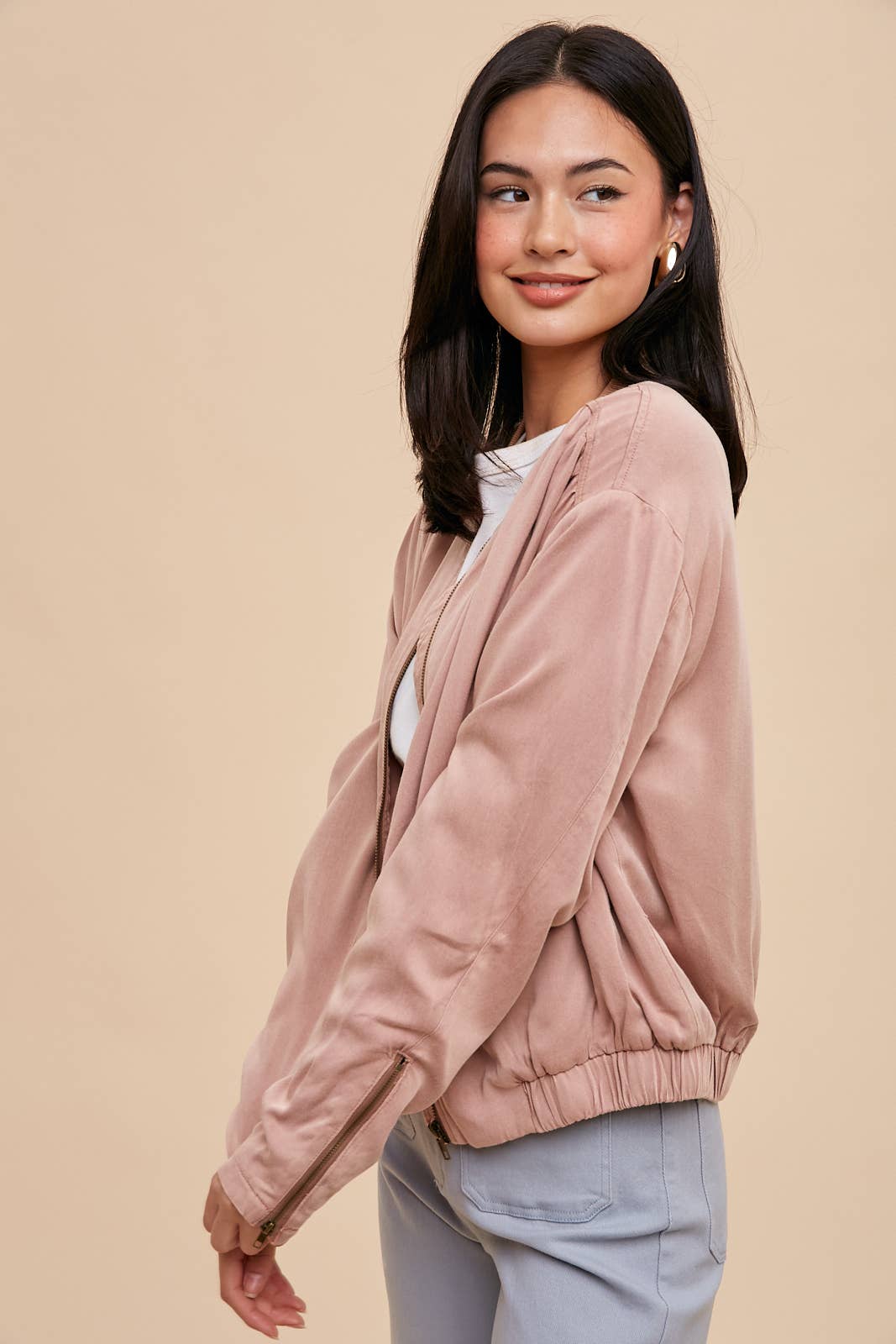 Wholesale GARMENT WASHED TENCEL BOMBER JACKET for your store - Faire