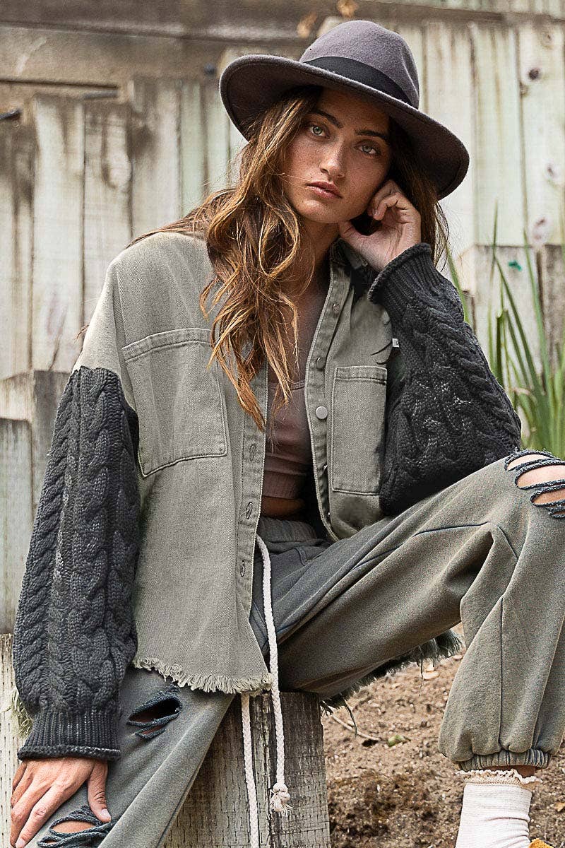 Wholesale Contrast sweater sleeve button down collared shacket for your ...