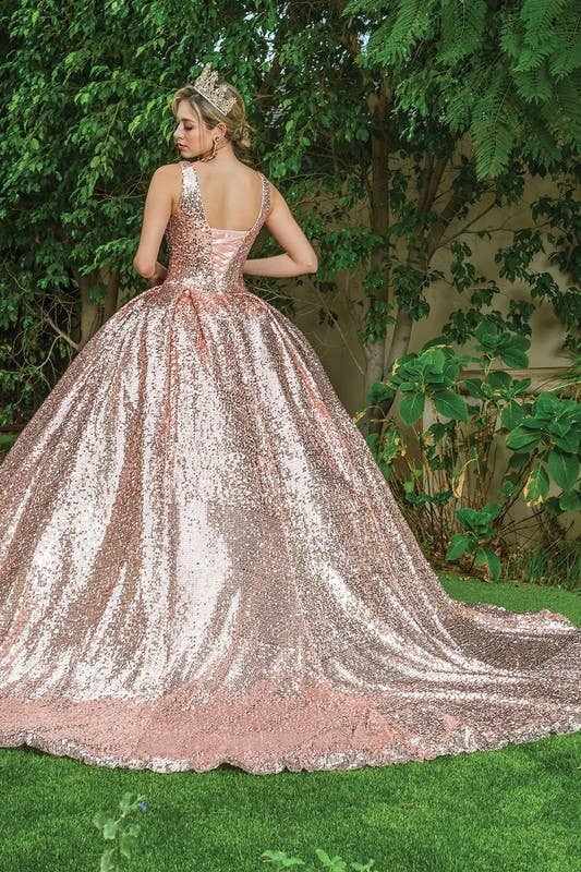 Wholesale Sequined V-Neck Ball Gown with Regal Tiara for your store - Faire