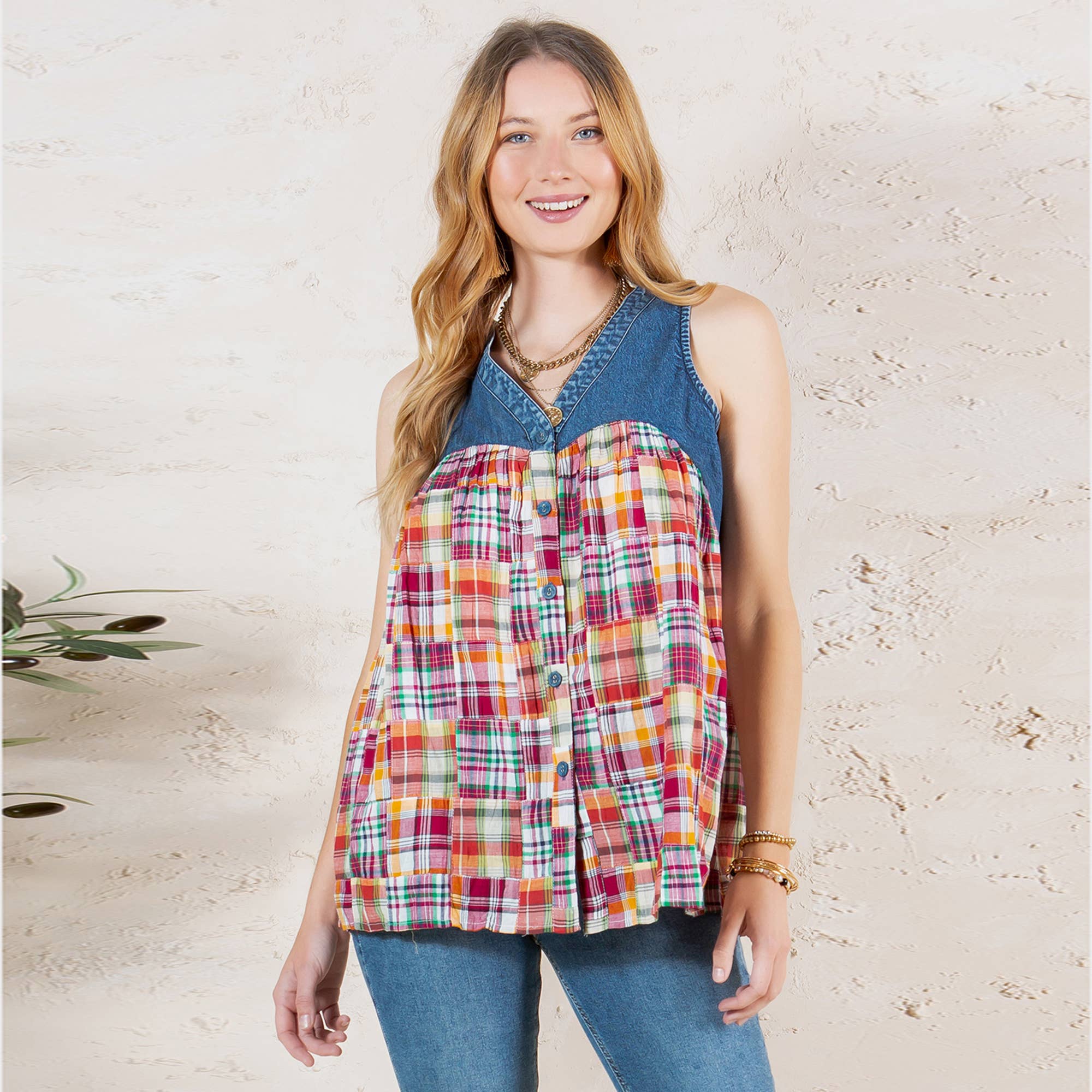 Wholesale Chic V-Neck Front-Open Top with Artistic Patchwork for your ...