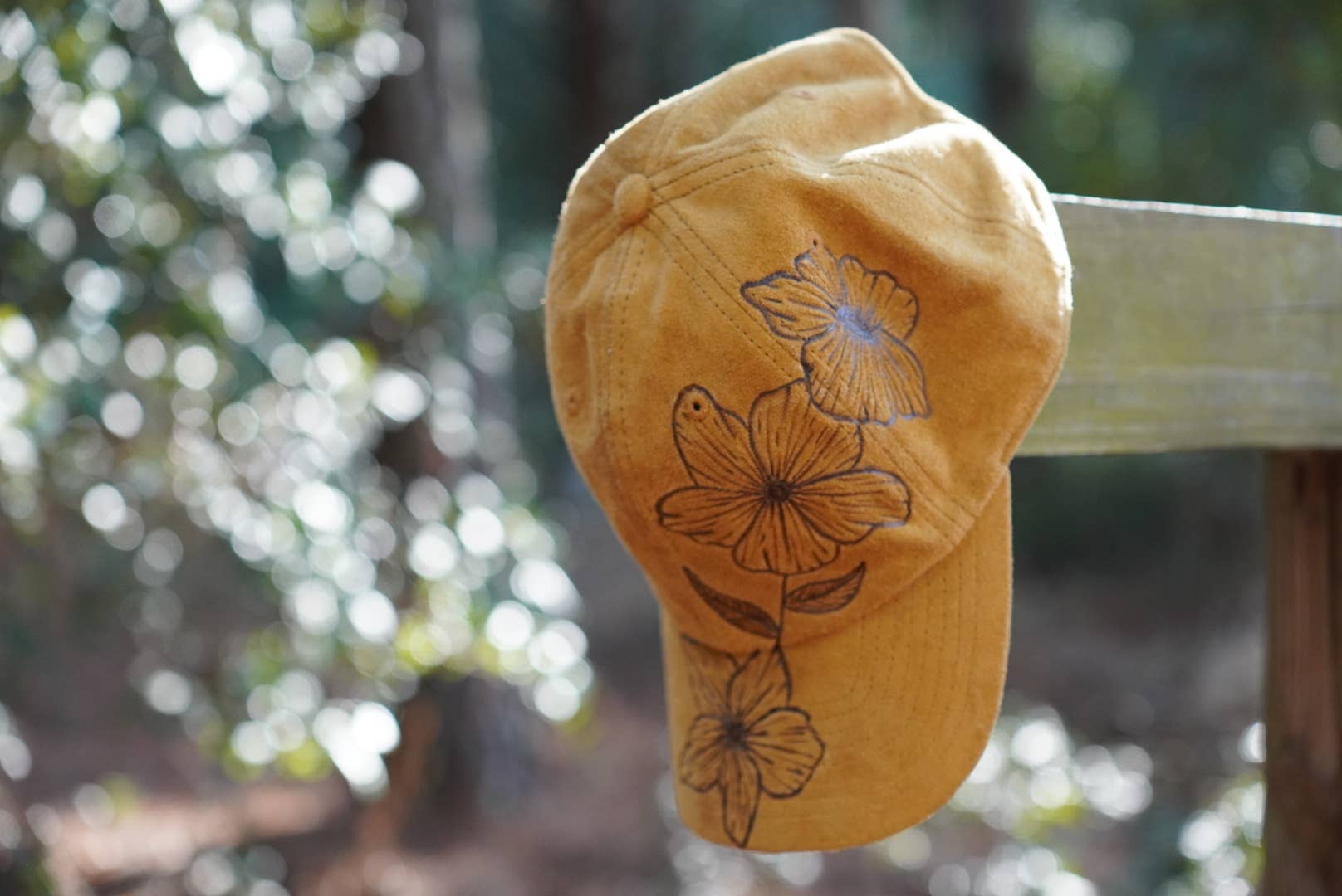 Wholesale Hand Burned Baseball Cap - Hibiscus- Mustard Yellow for your ...