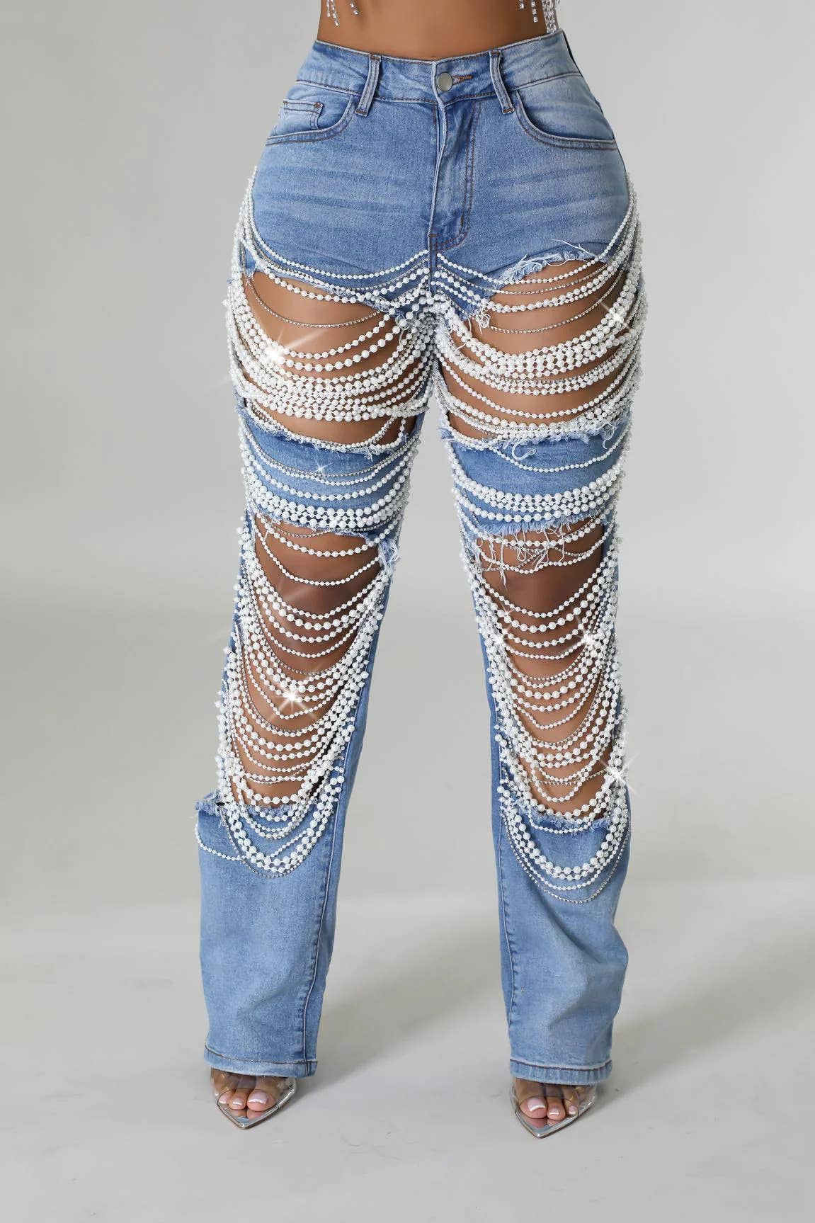 Wholesale Pearl & Rhinestone Chain Ripped Cut Out Jeans for your store ...