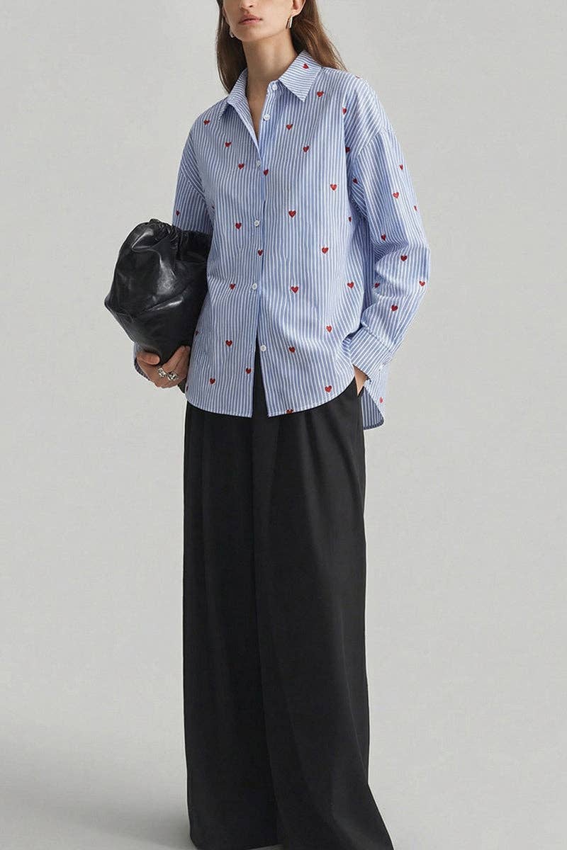 Wholesale Heart Pattern Striped Oversized Blouse for your store - Faire