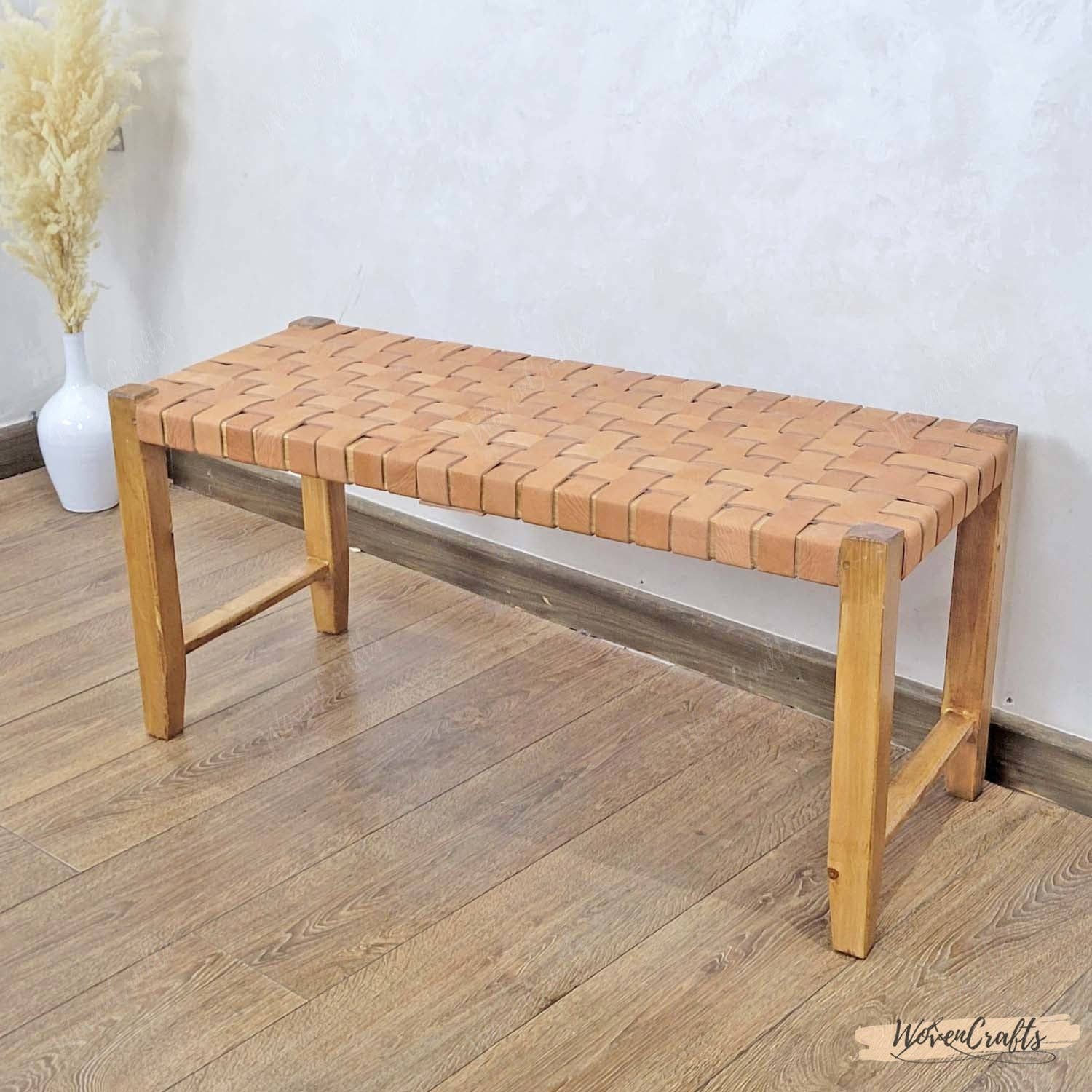 Natural Woven Leather Wooden Bench
