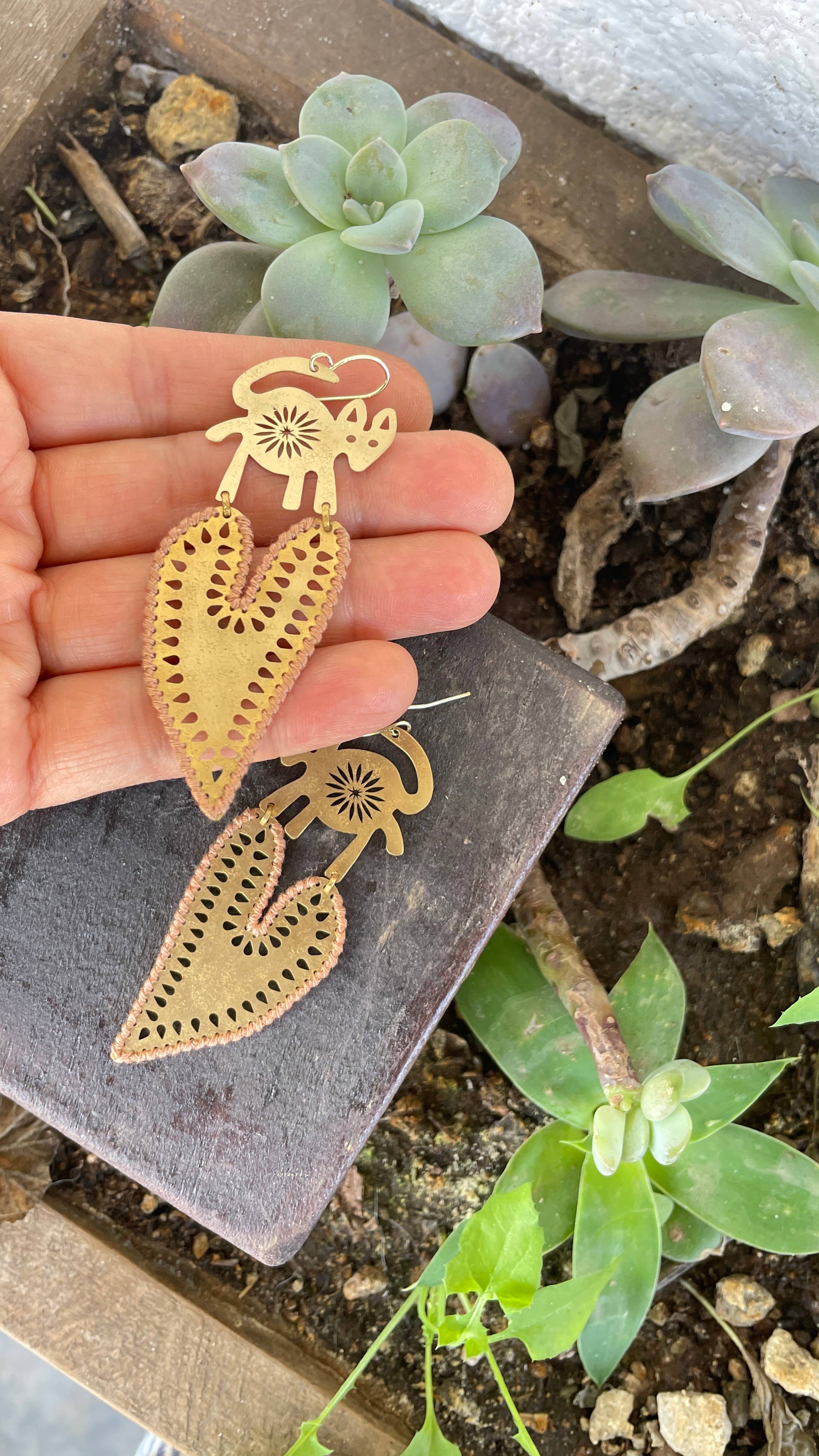 Wholesale Handmade brass fox heart earrings, symbolic bohemian jewelry ...