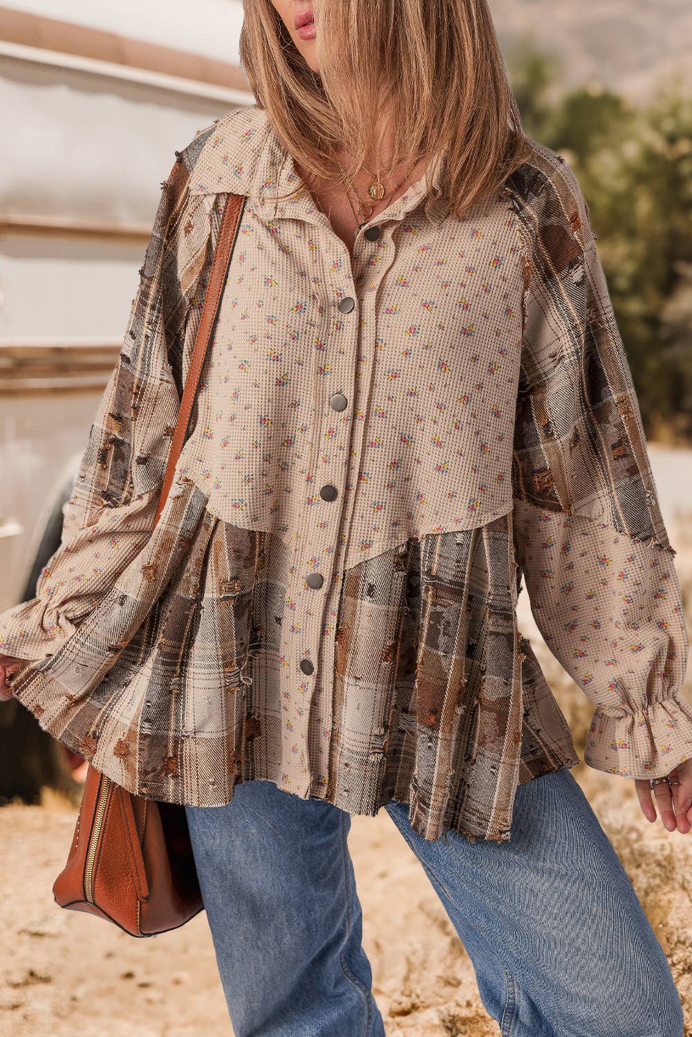 Wholesale Boho Distressed Detail Ruffled Sleeve Waffle Knit Shacket for ...