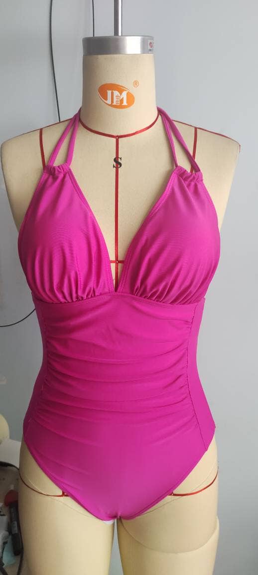 Wholesale Plain V Neck Ruched Halter One Piece Swimsuit HR042 for your ...