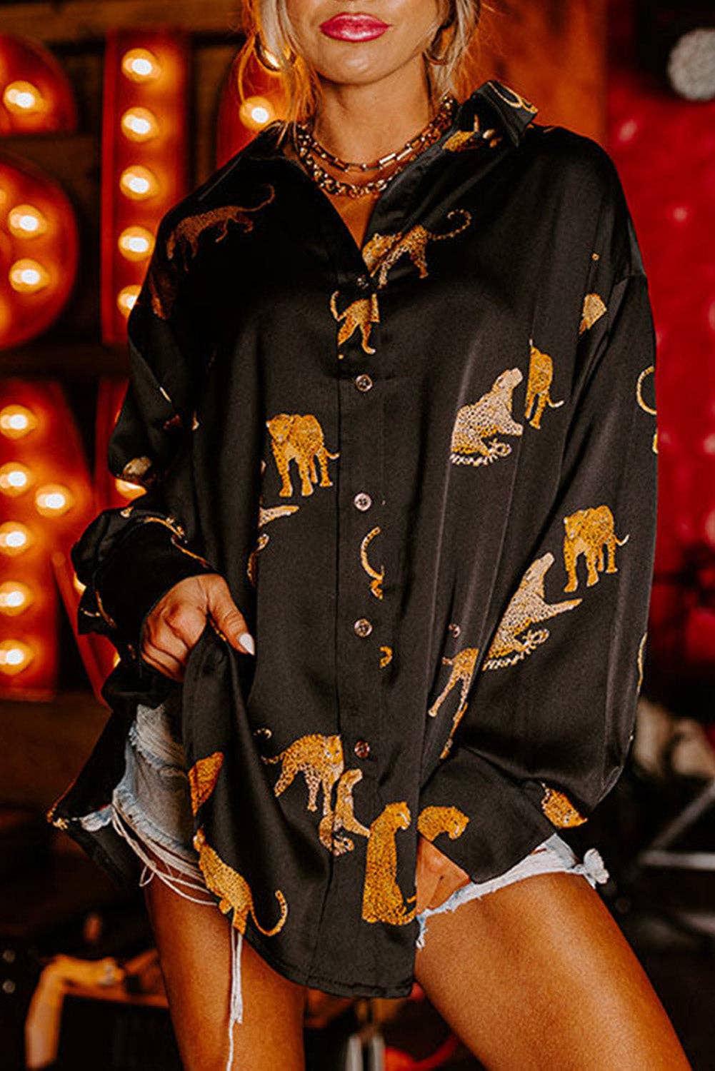 Wholesale Cheetah Animal Print Button Up Satin Shirt for your store - Faire