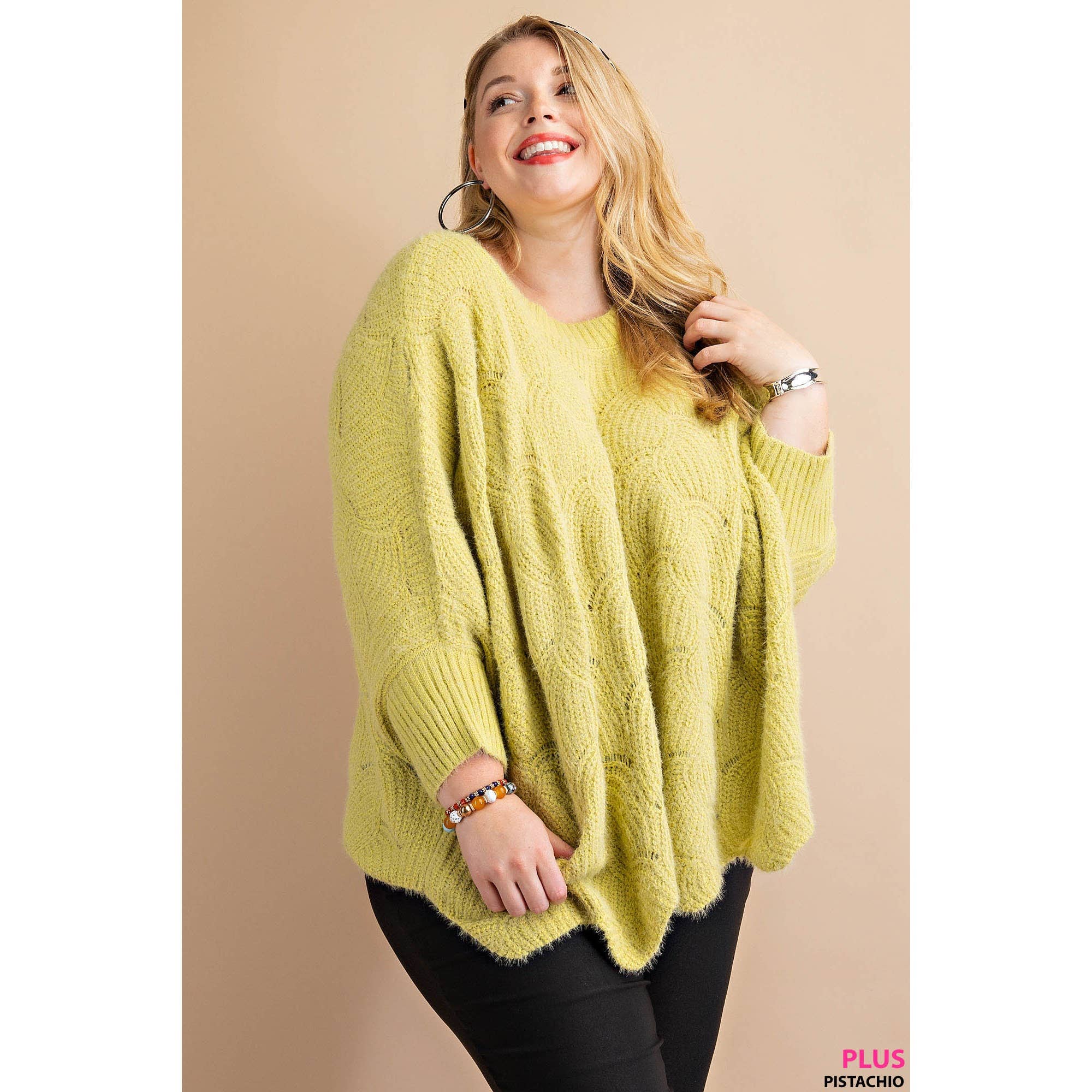 Wholesale PLUS) RETRO INSPIRED SOFT FUZZY SWEATER WITH SCALLOP HEM for ...