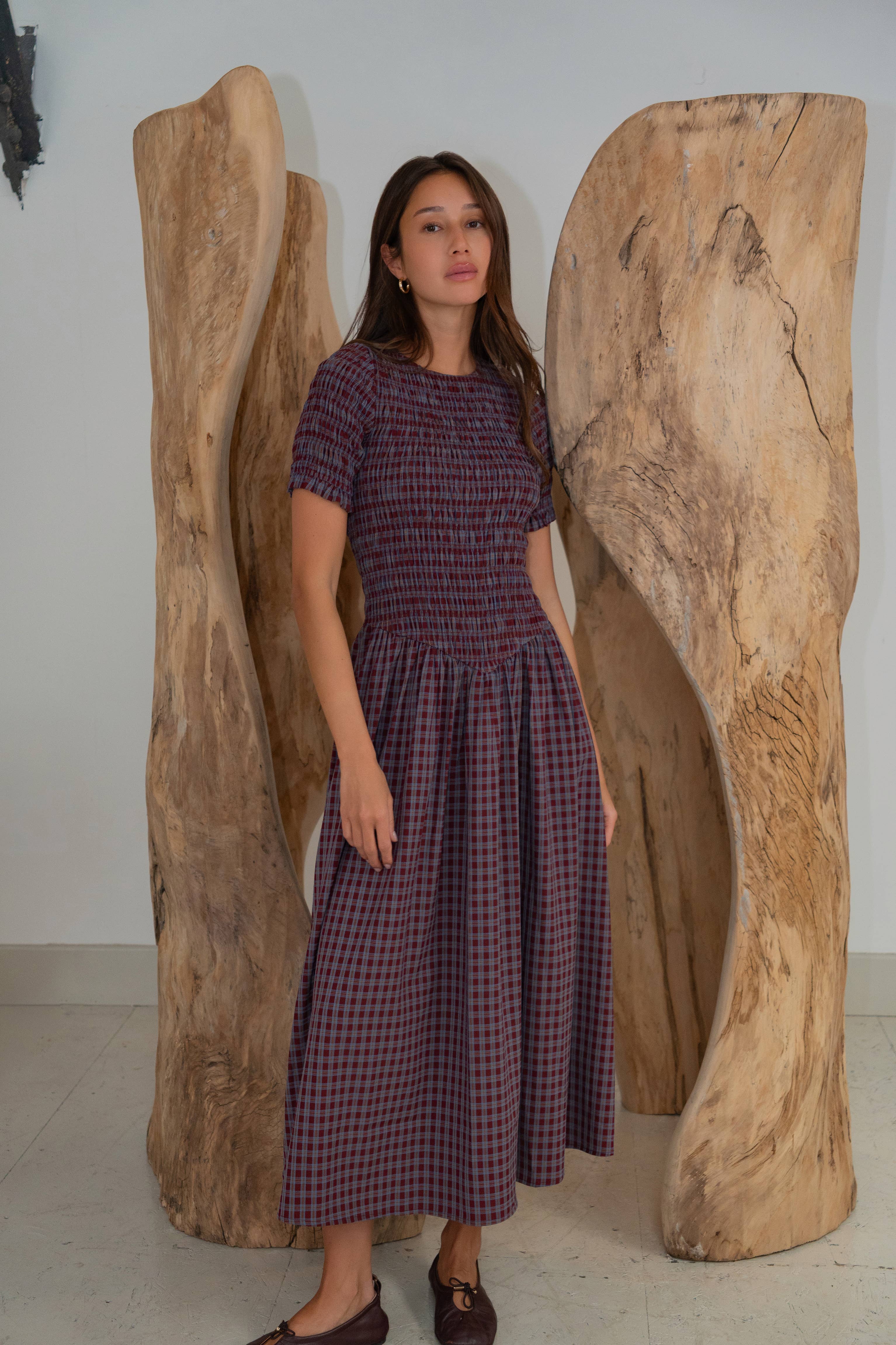 Wholesale Beatrix Smocked Grape Plaid Midi Dress for your store - Faire
