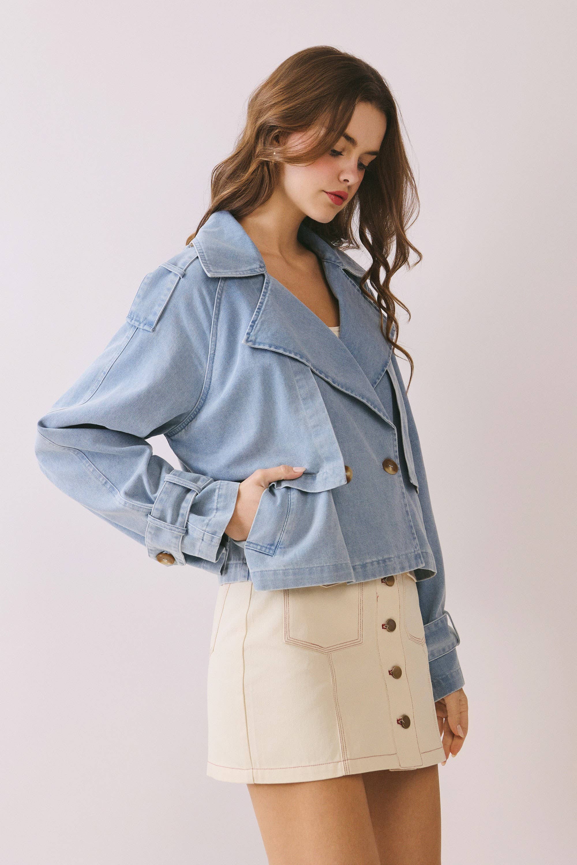 Wholesale CJ6649-Double Breasted Front Button Oversize Denim Jacket for ...