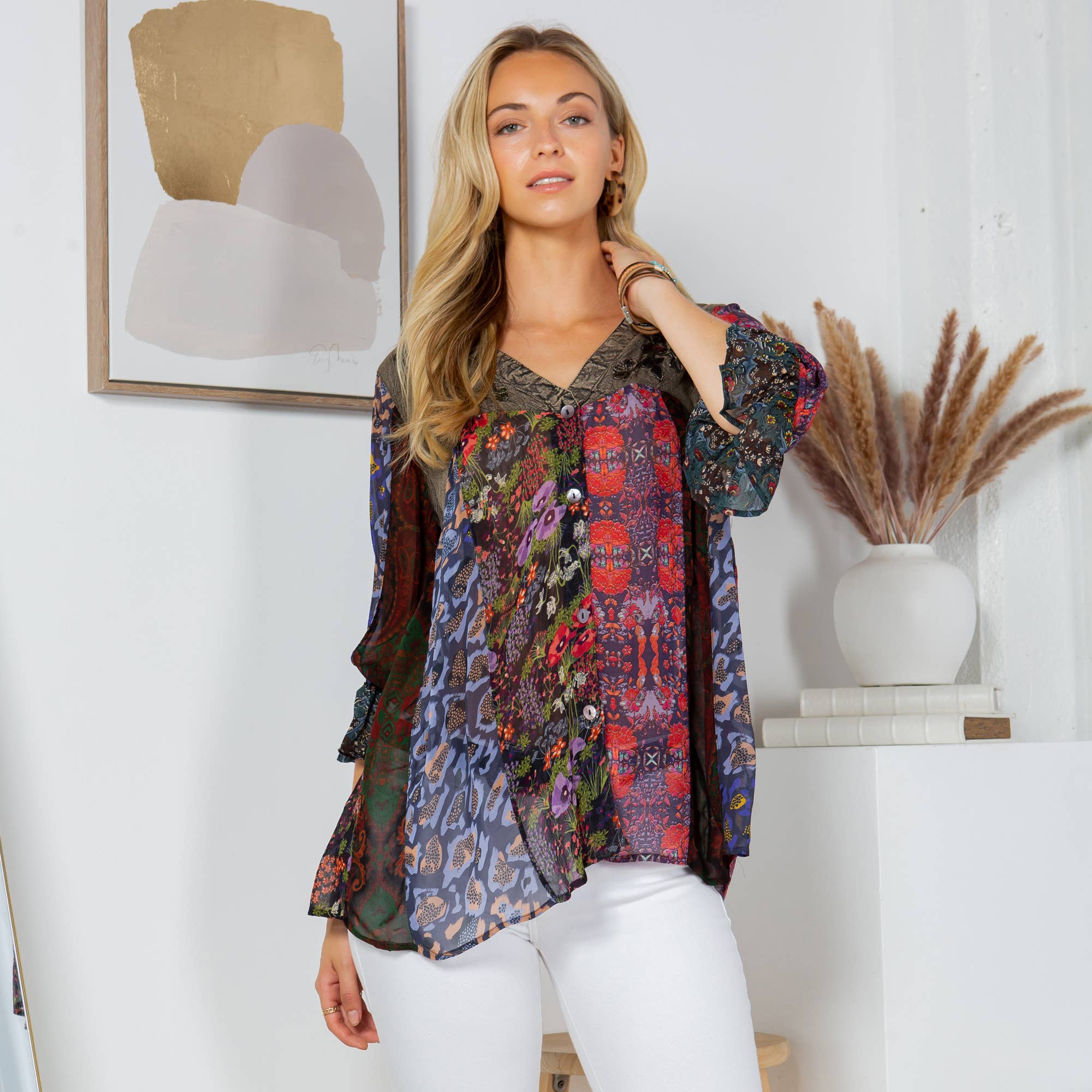 Wholesale Boho Chic Delight: Overdyed Rayon V-Neck Front Open Top for ...