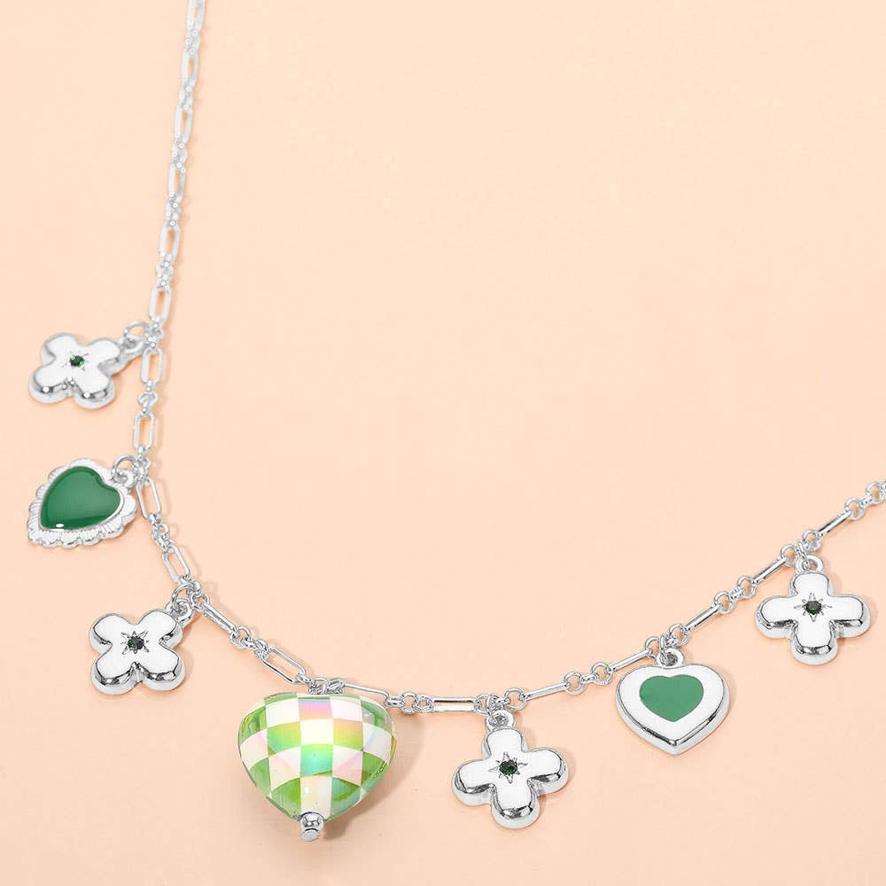 Wholesale Heart Flower Motif Charm Station Necklace for your store - Faire