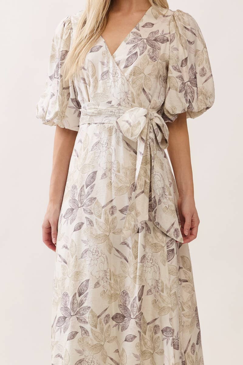 Wholesale Floral Print Short Bubble Sleeve Wrap Maxi Dress HD3403-TAUP ...