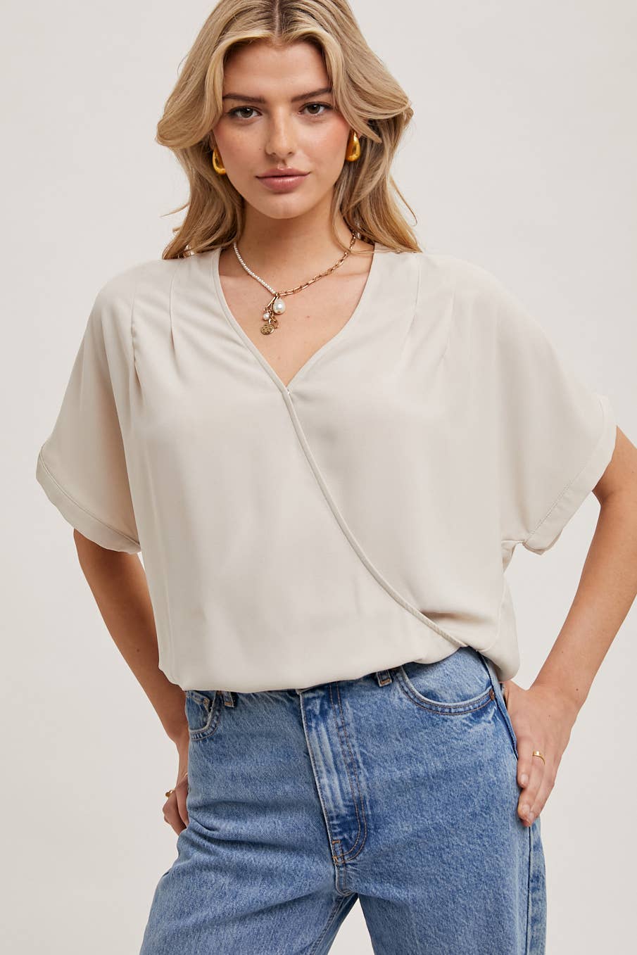 Wholesale SLEEVE FOLDED WRAP BLOUSE V-NECK TOP for your store - Faire