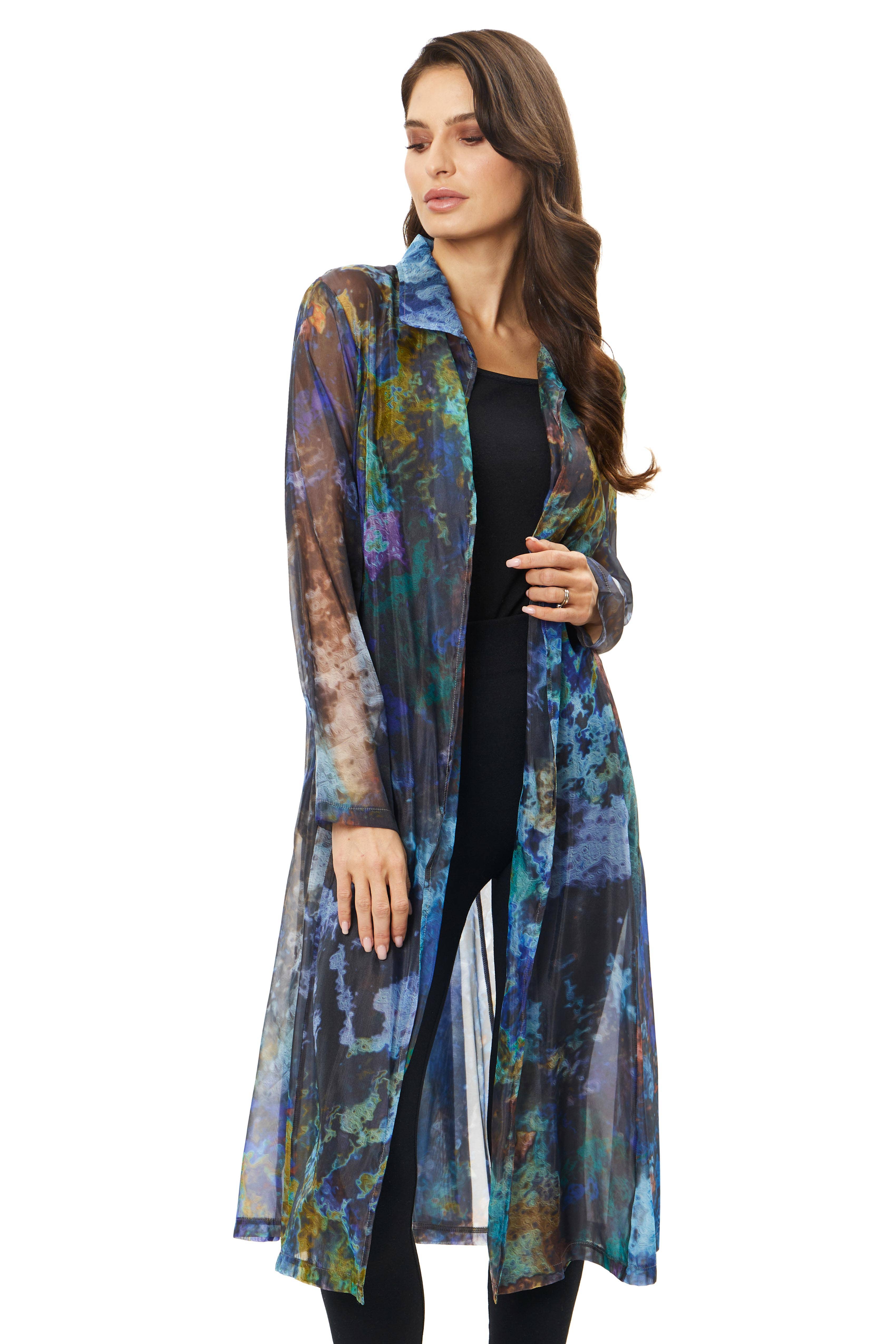 Wholesale T417-10 Long-line chiffon duster in deep, oceanic hues for ...