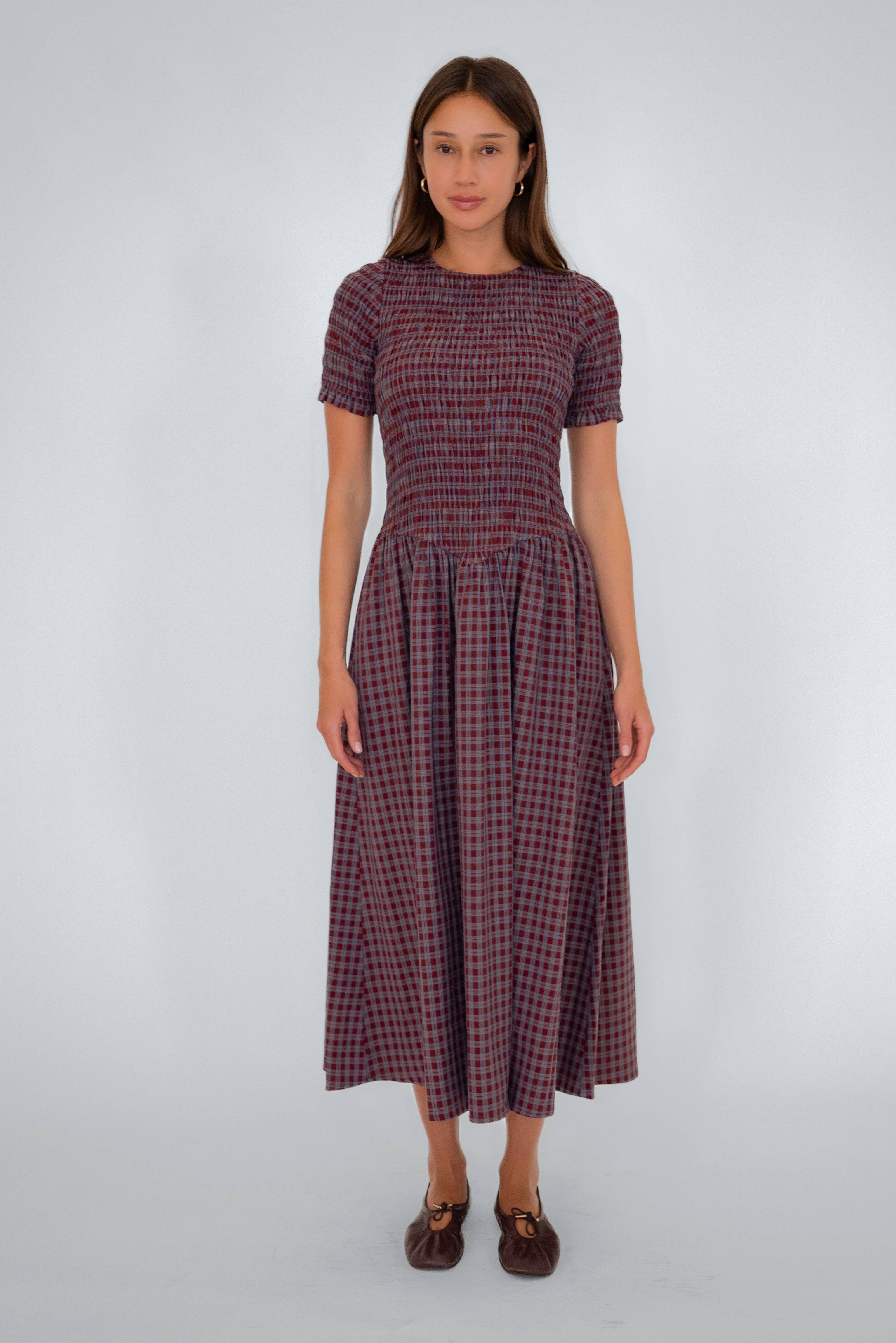 Wholesale Beatrix Smocked Grape Plaid Midi Dress for your store - Faire