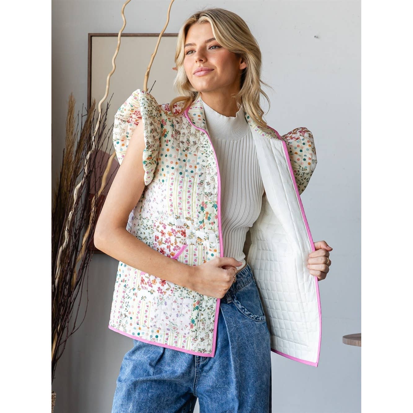 Wholesale Ruffle Shoulder Quilted Open Vest for your store - Faire