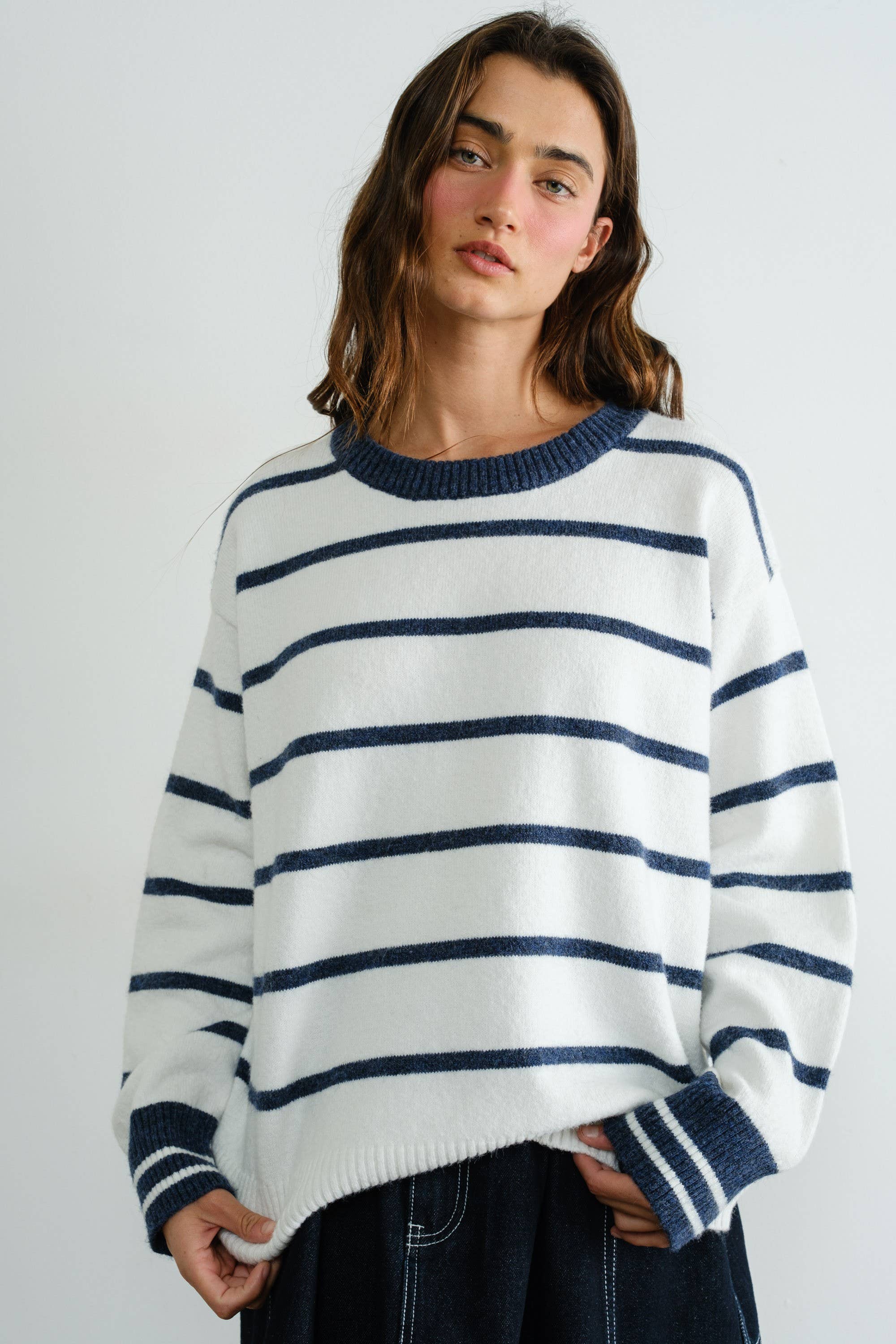 Wholesale HSW2237-WHITE-Oversized Striped Sweater for your store - Faire