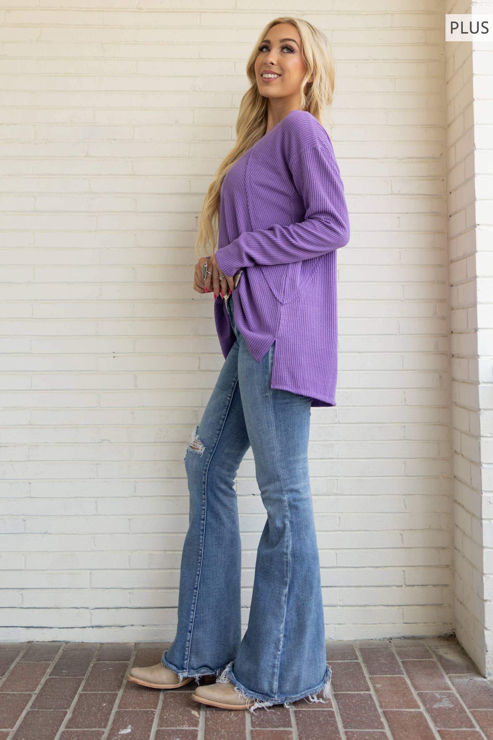 Wholesale PLUS SIZE Curly Rib V Neck Long Sleeve Top for your store - Faire