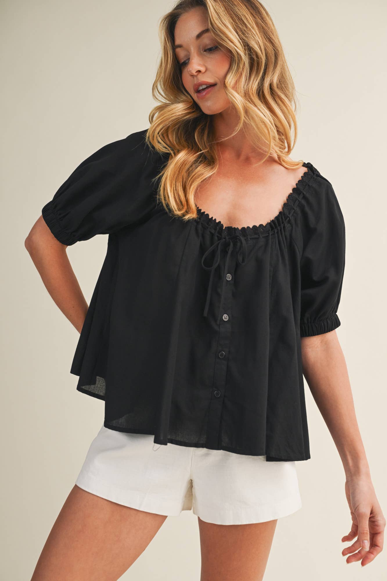 Wholesale EYELET TRIM NECK PUFF SLEEVE TOP for your store - Faire