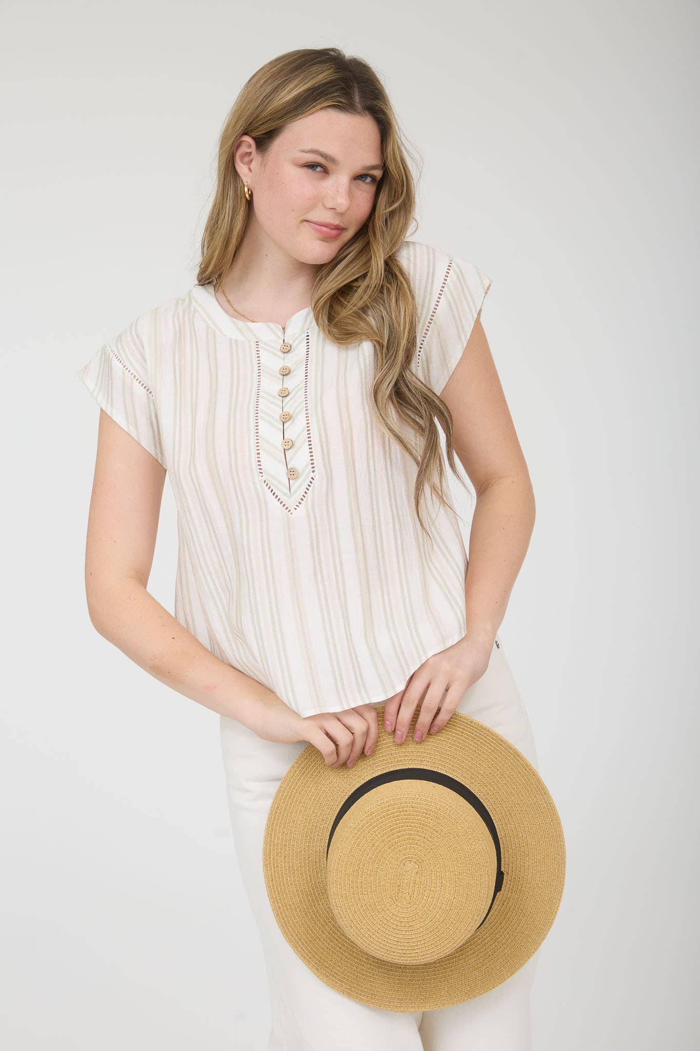 Wholesale STRIPE HALF BUTTON LADDER LACE TRIM TOP for your store - Faire