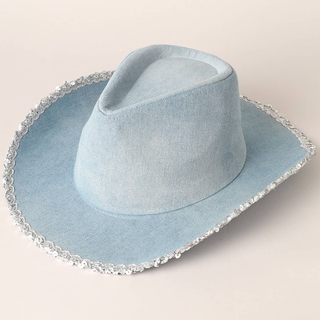 Wholesale Denim Cowboy Hat with Sequins in the Edge for your store - Faire