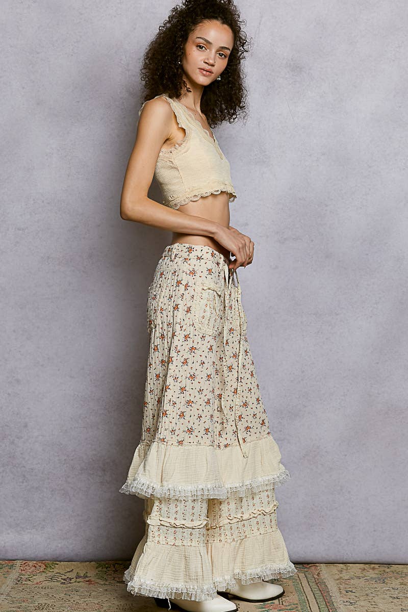 Wholesale Double Gauze Floral Front Patch Pockets Ruffle Wide Pants for ...