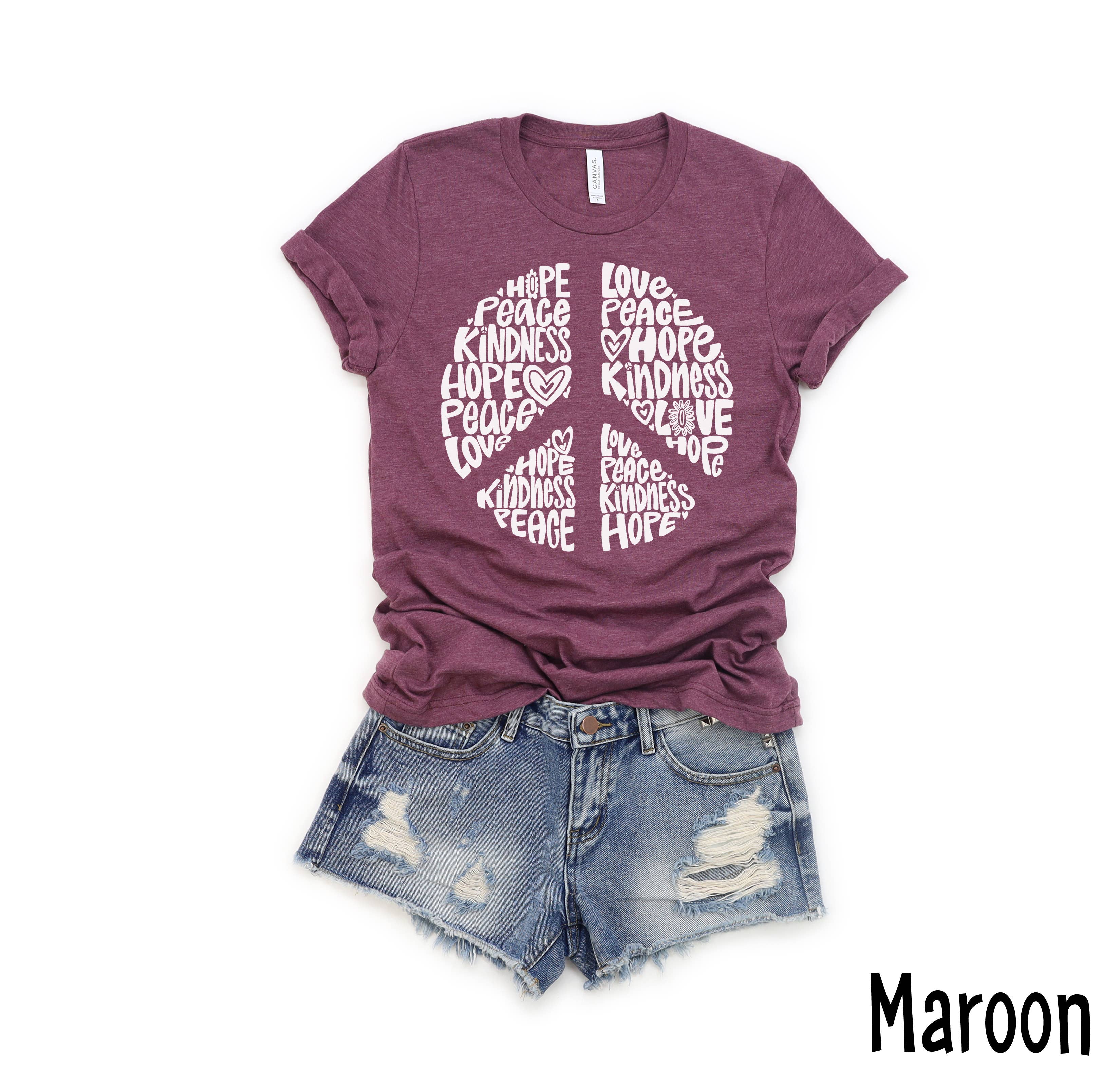 Wholesale Peace Sign Word Art Maroon Tee for your store - Faire