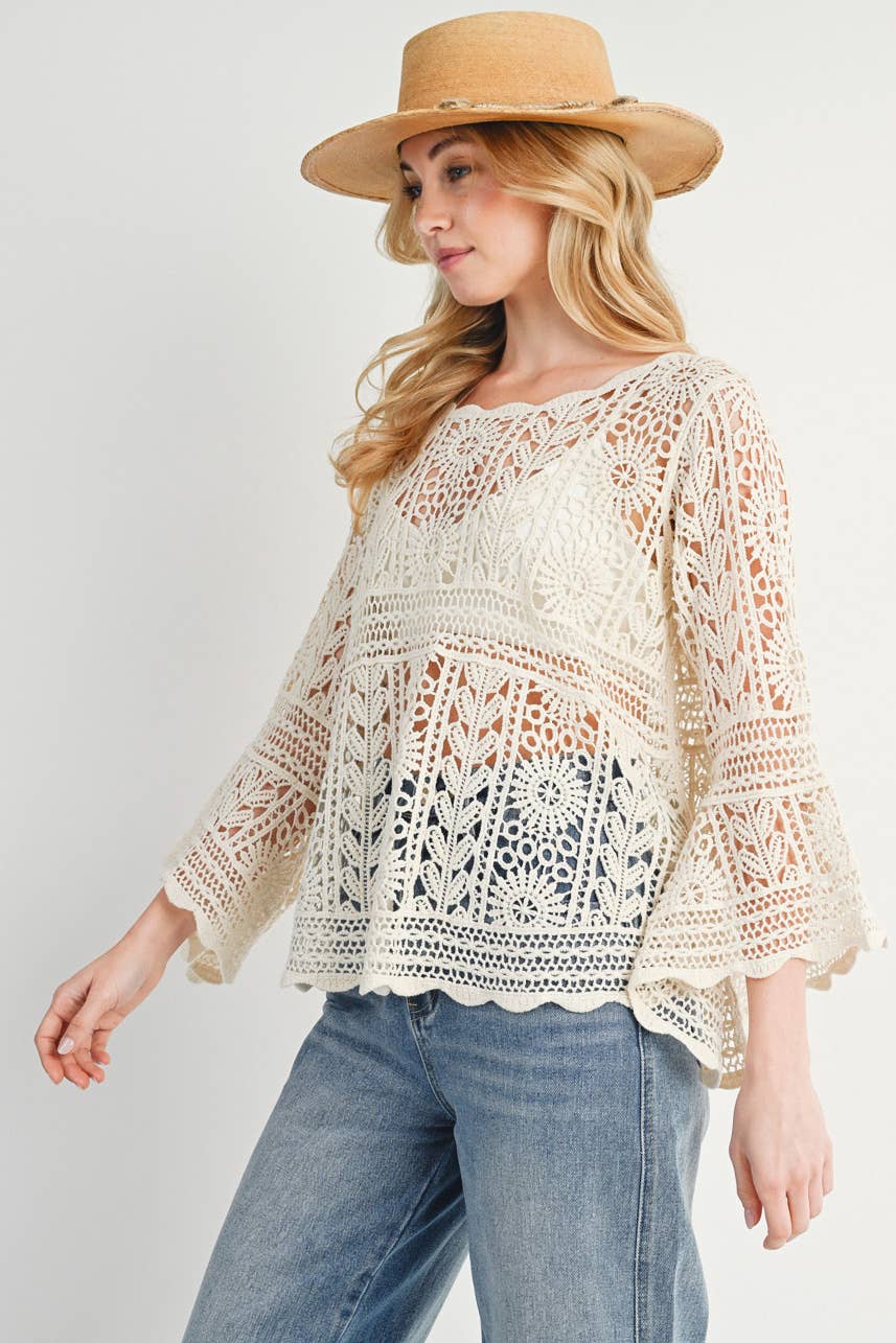Wholesale CROCHET SHEER BELL-SLEEVE PULLOVER TOP for your store - Faire